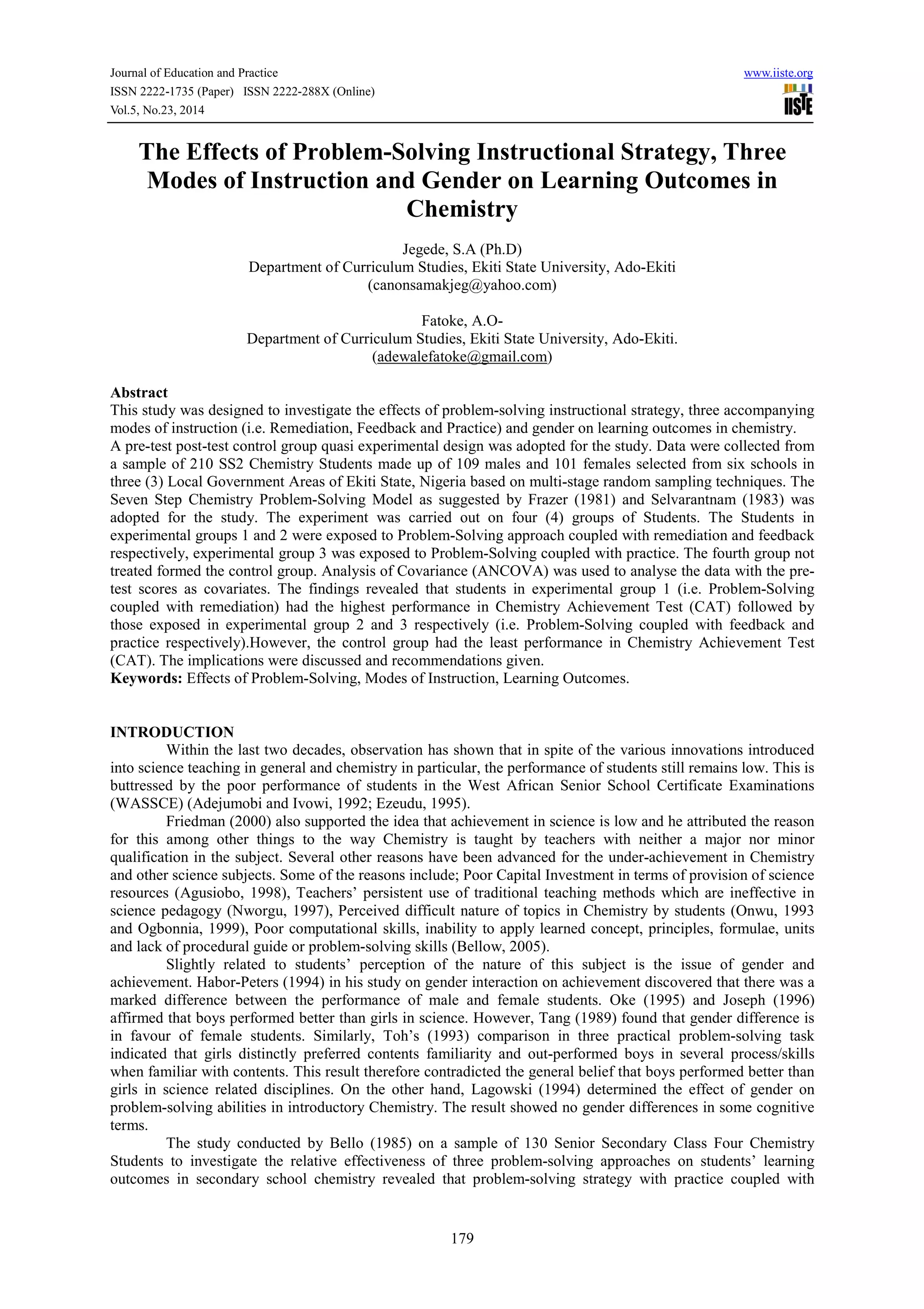 The Effects Of Problem Solving Instructional Strategy Three Modes Of Instruction And Gender On