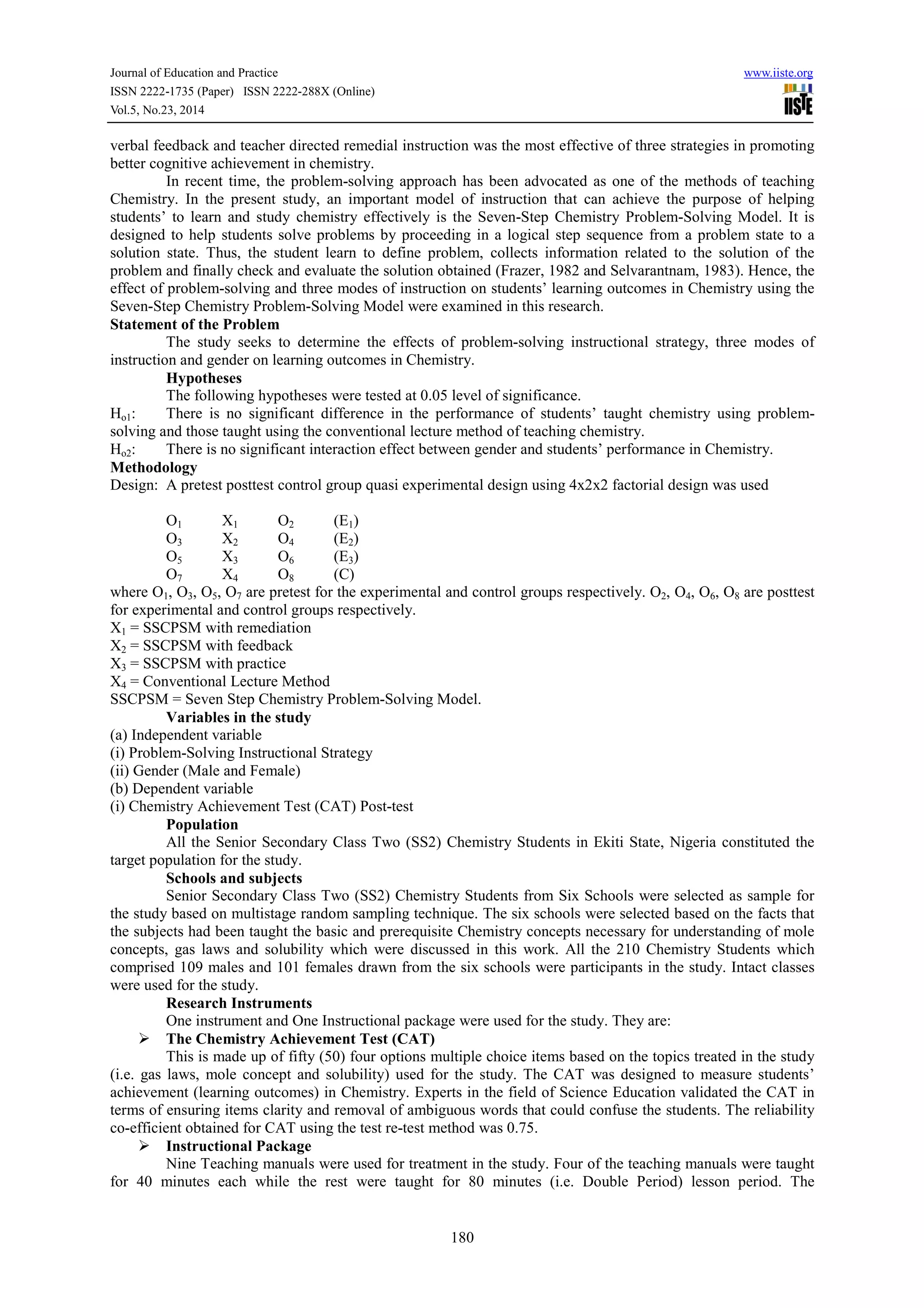 The Effects Of Problem Solving Instructional Strategy Three Modes Of Instruction And Gender On