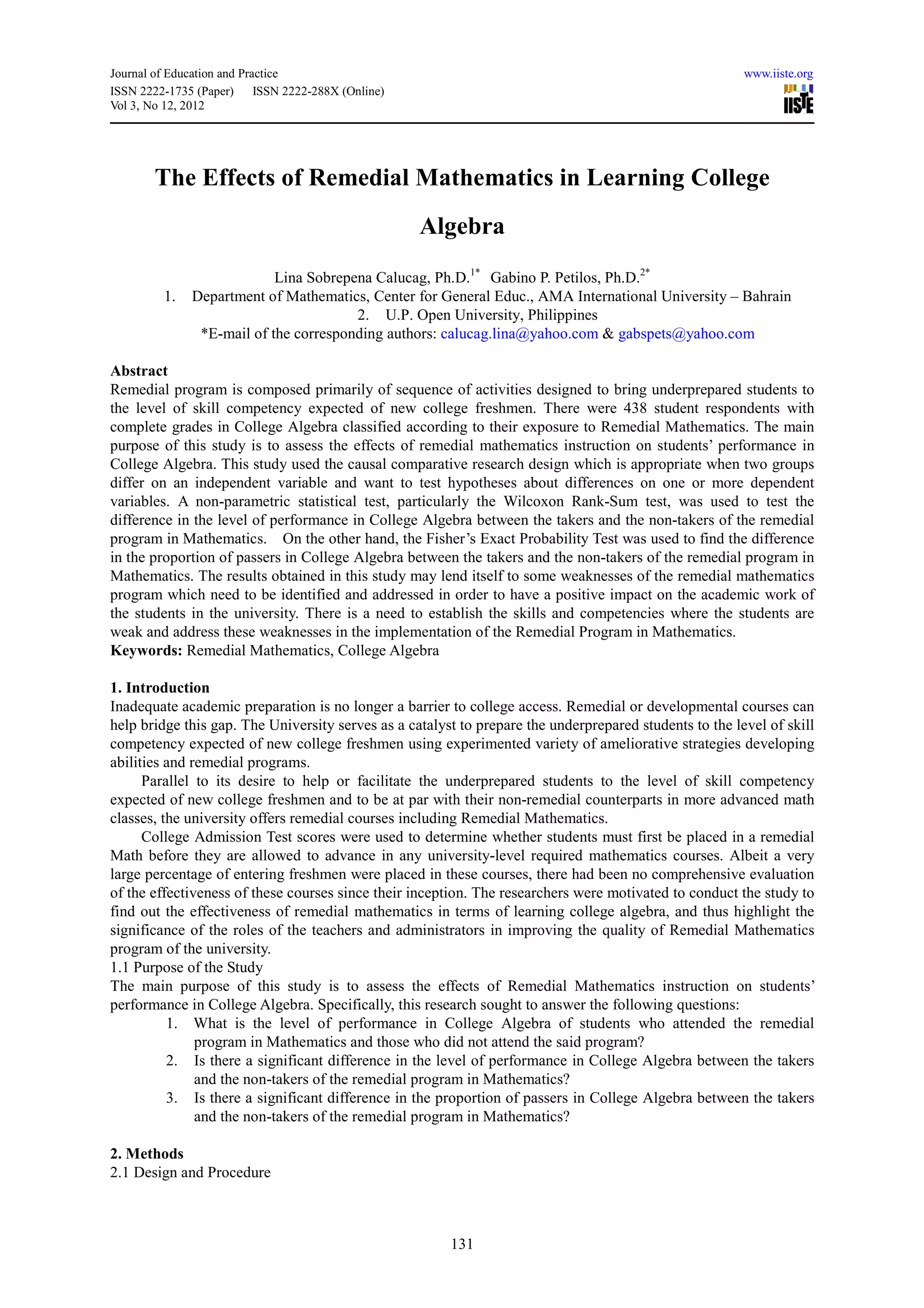 The effects of remedial mathematics in learning college algebra | PDF