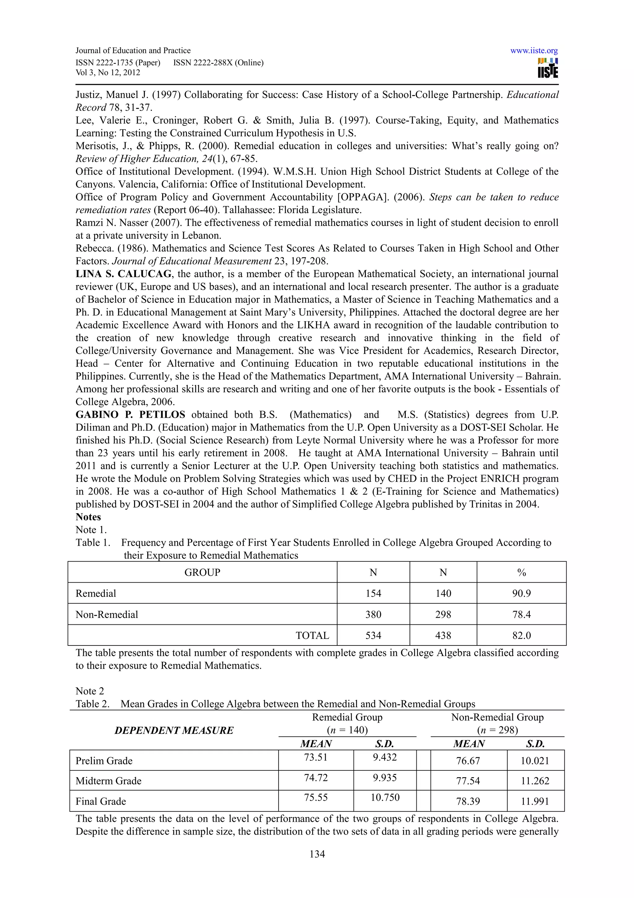 The effects of remedial mathematics in learning college algebra | PDF