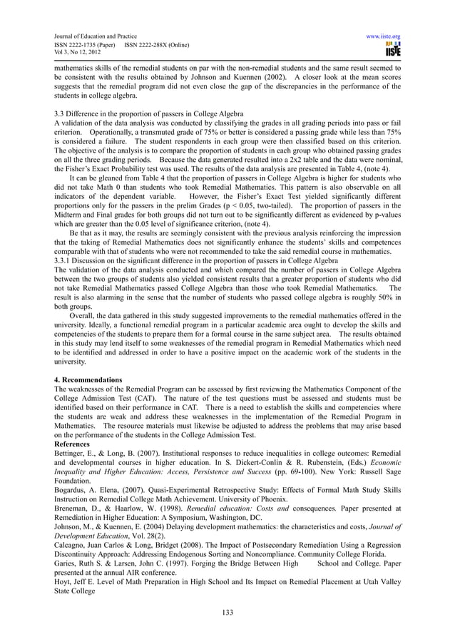 The effects of remedial mathematics in learning college algebra | PDF