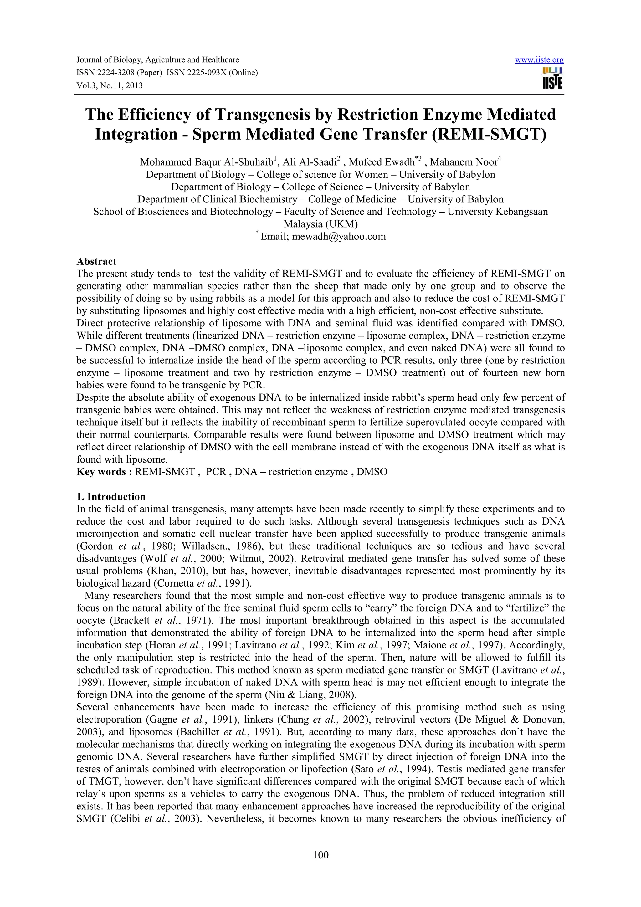 The efficiency of transgenesis by restriction enzyme mediated integration sperm mediated gene ...