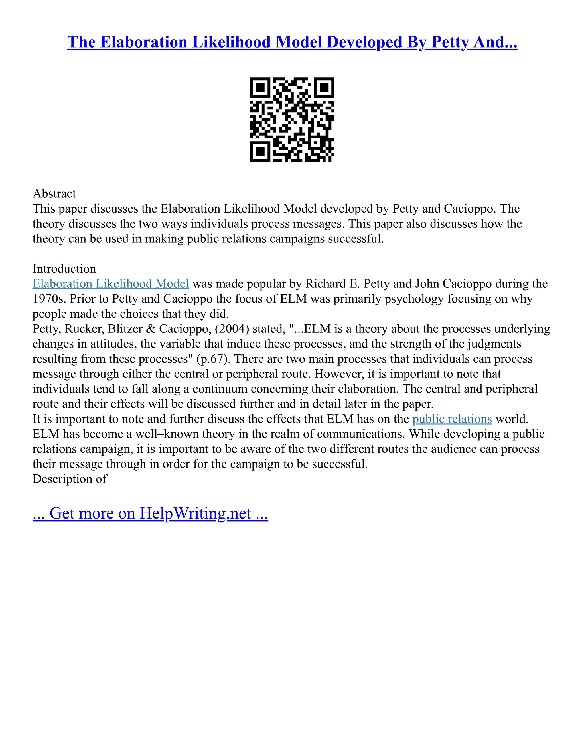 The Elaboration Likelihood Model Developed By Petty And... | PDF