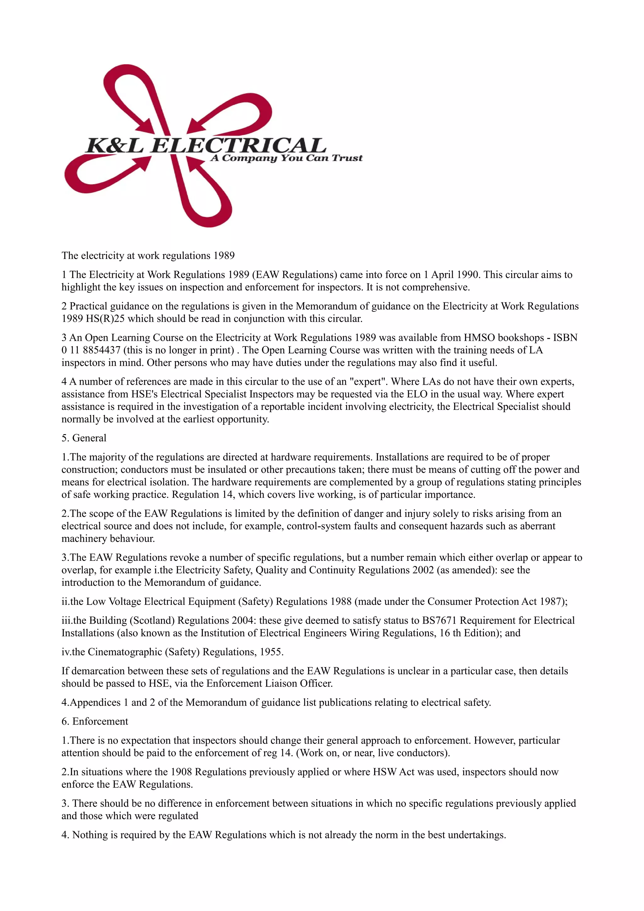 The electricity at work regulations 1989 | PDF