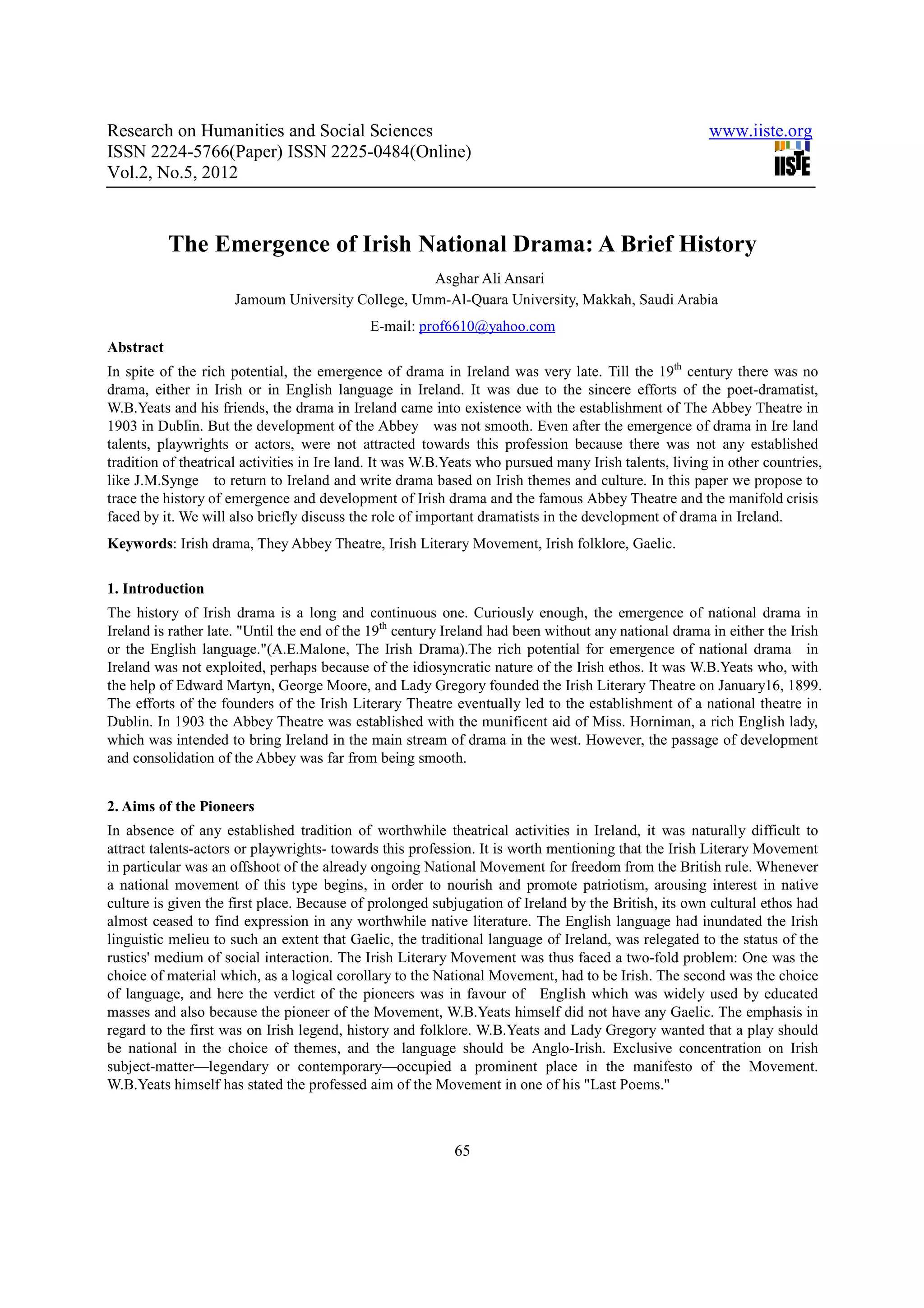 The emergence of irish national drama | PDF