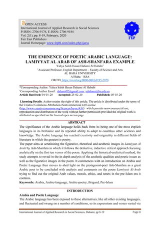 The Eminence of Poetic Arabic Language: Lamiyyat Al Arab of Ash ...