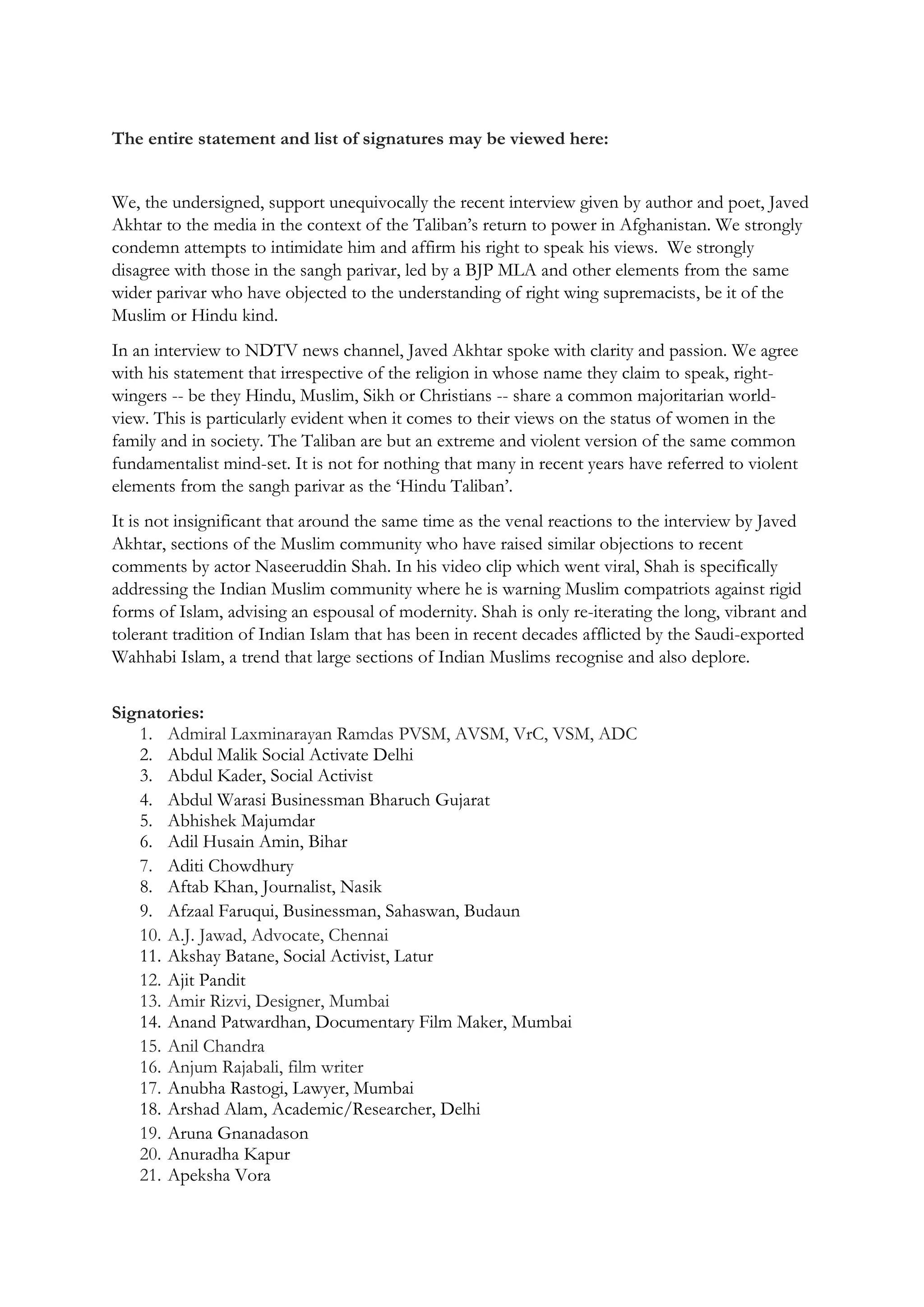The entire statement and list of signatures may be viewed here | PDF
