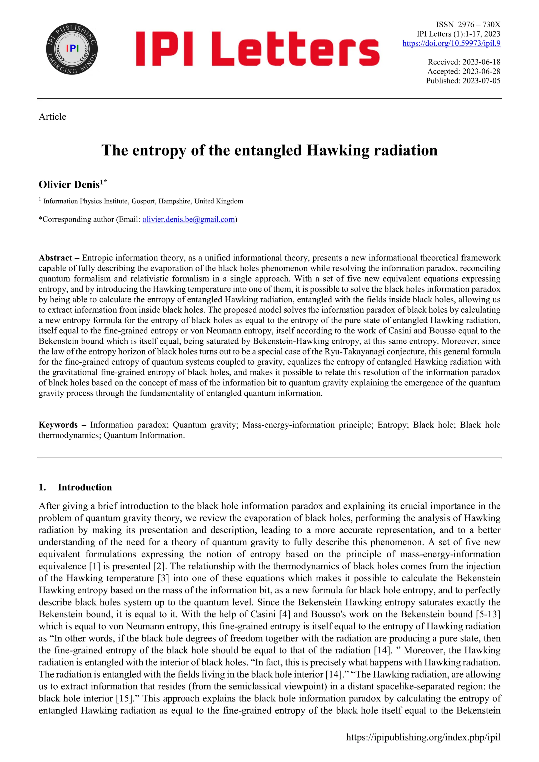 The Entropy of the Entangled Hawking Radiation | PDF
