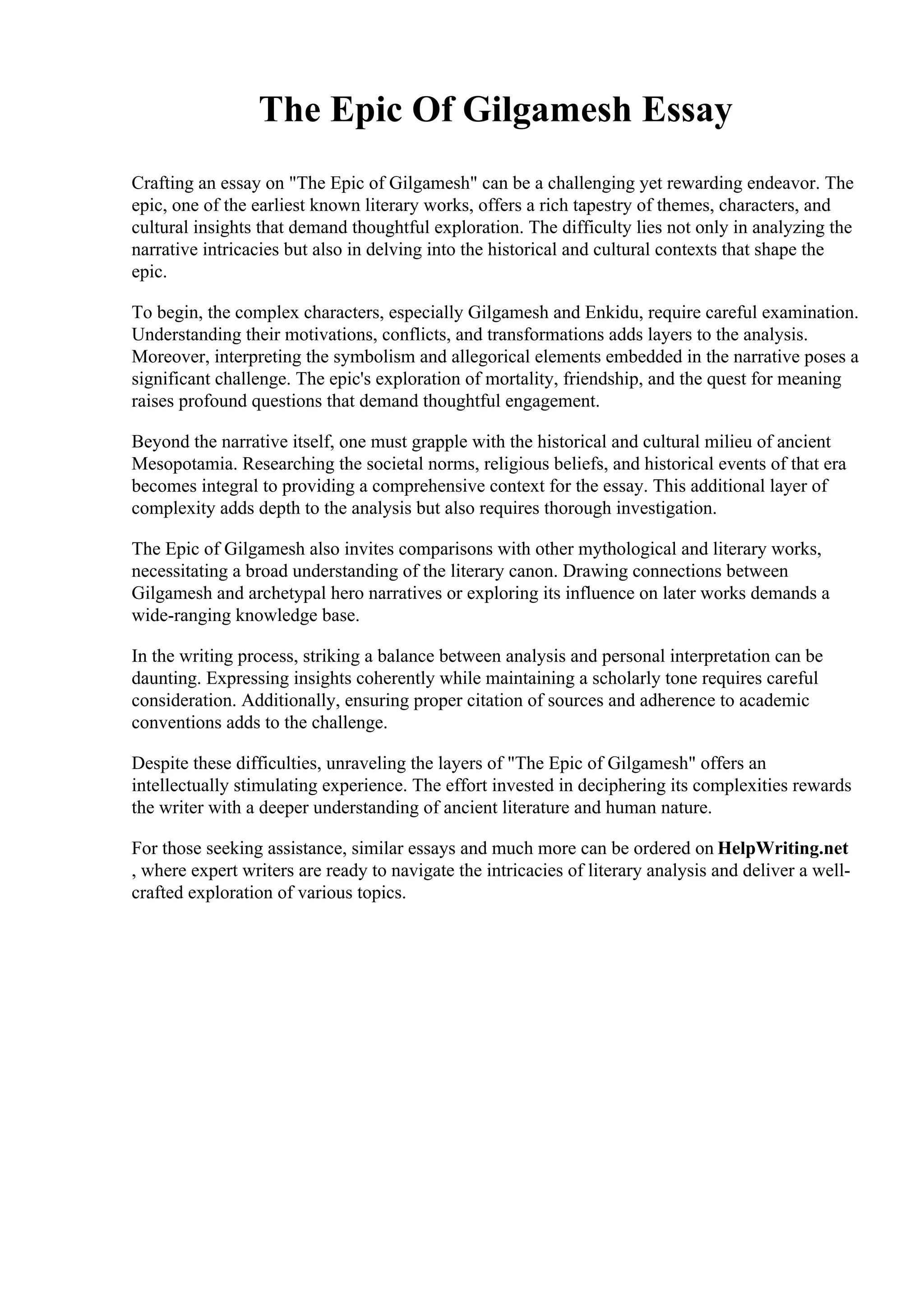 The Epic Of Gilgamesh Essay. Clark University | PDF