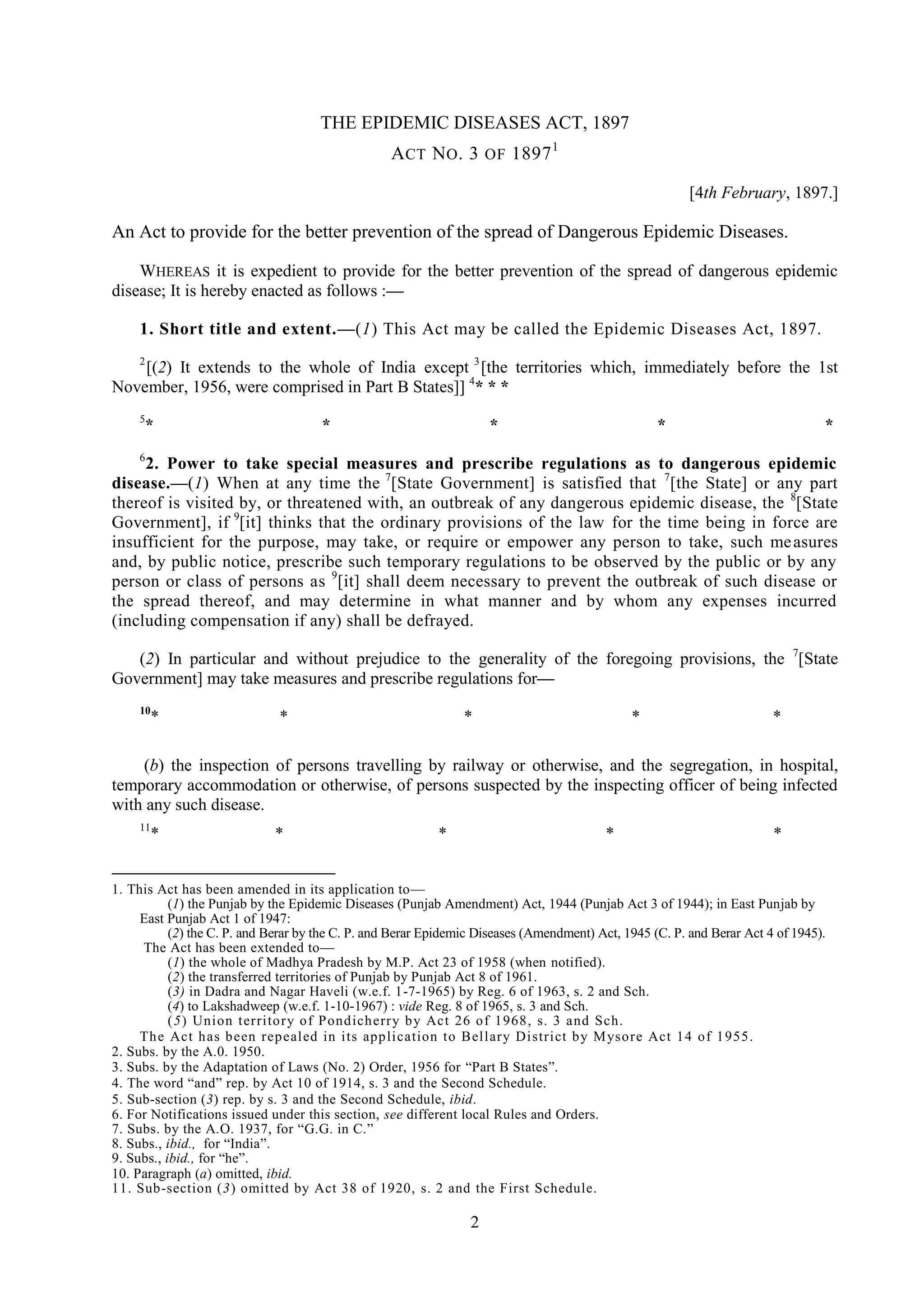 The Epidemic Diseases Act, 1897 | PDF