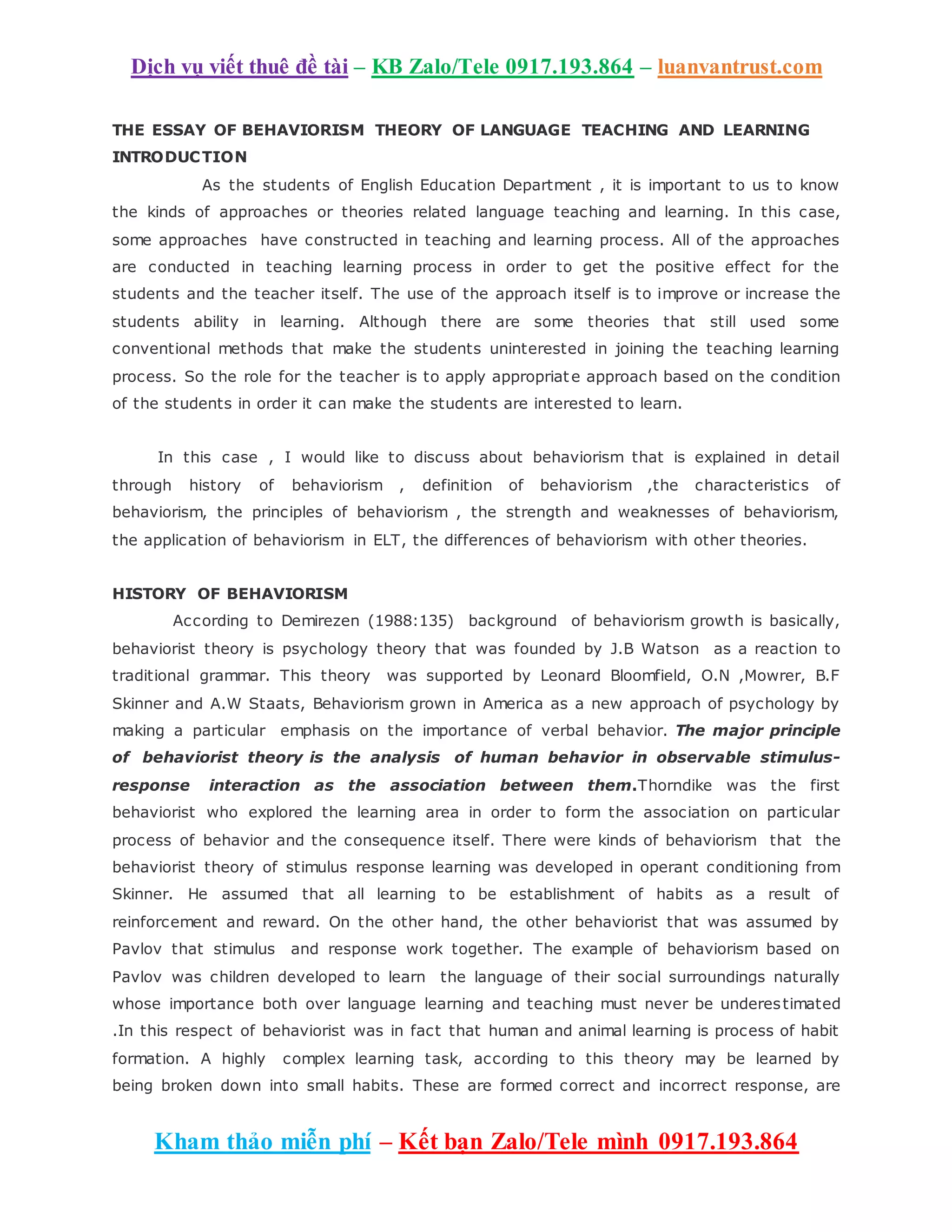 THE ESSAY OF BEHAVIORISM THEORY OF LANGUAGE TEACHING AND LEARNING.doc