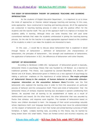 THE ESSAY OF BEHAVIORISM THEORY OF LANGUAGE TEACHING AND LEARNING.doc