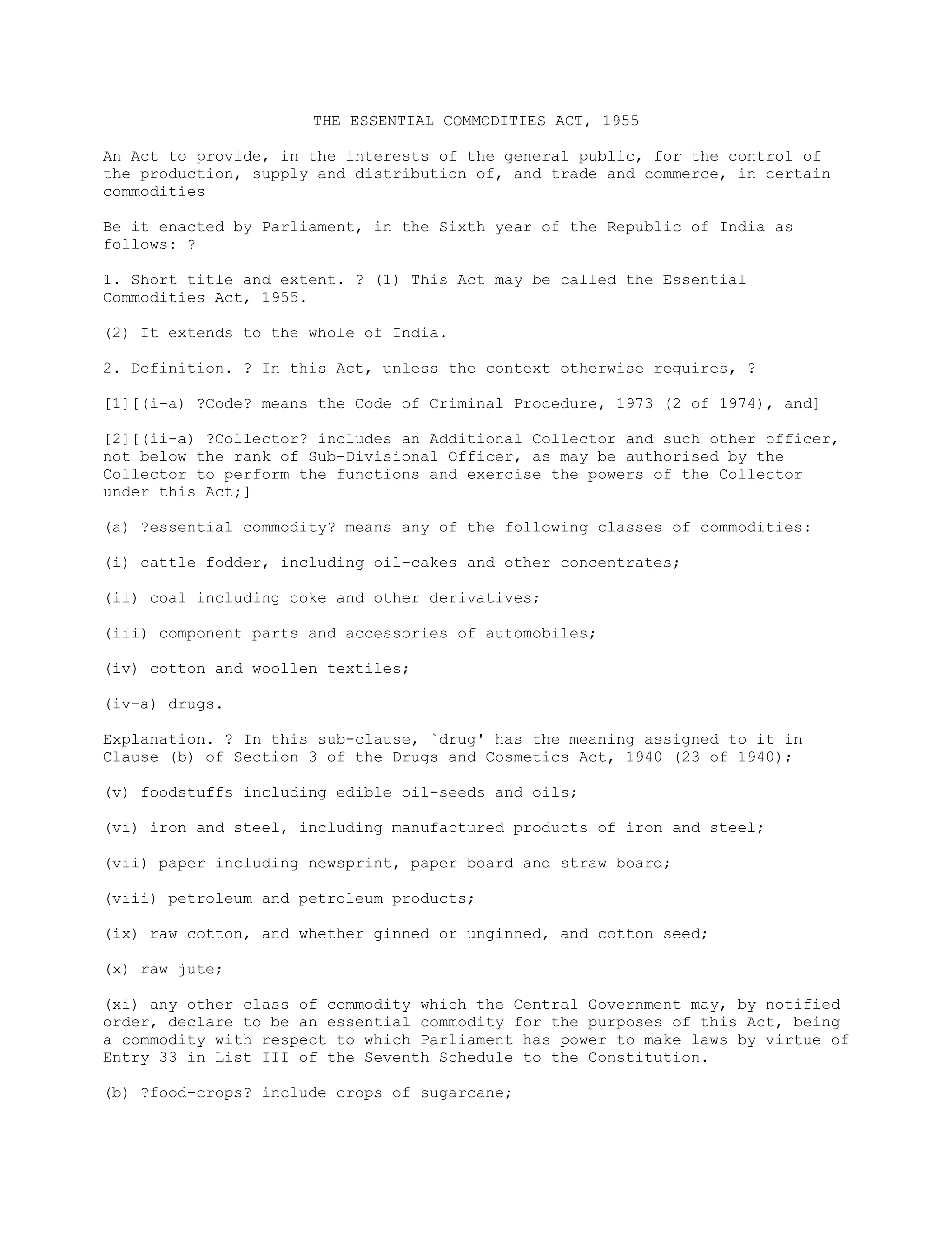 The essential commodities act, 1955 | PDF