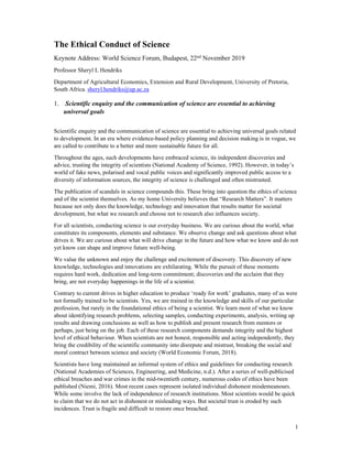 Paper on "The Ethical conduct of Science" by Professor Sheryl L ...