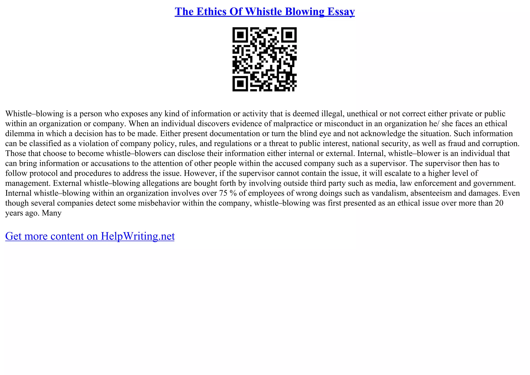 The Ethics Of The Whistle Blower Essay | PDF