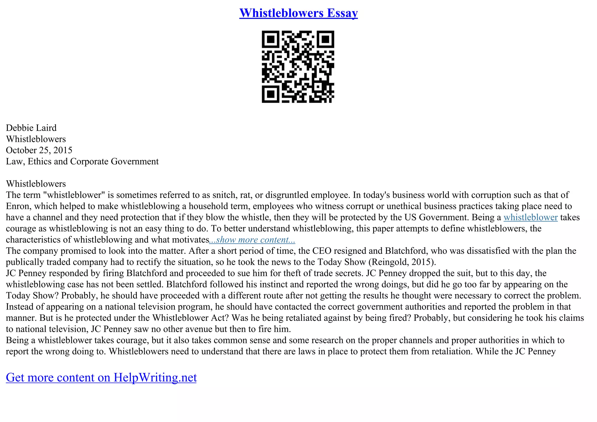 The Ethics Of The Whistle Blower Essay | PDF