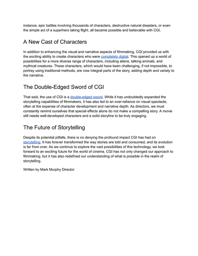 The Evolution of CGI and Its Influence on Storytelling | PDF