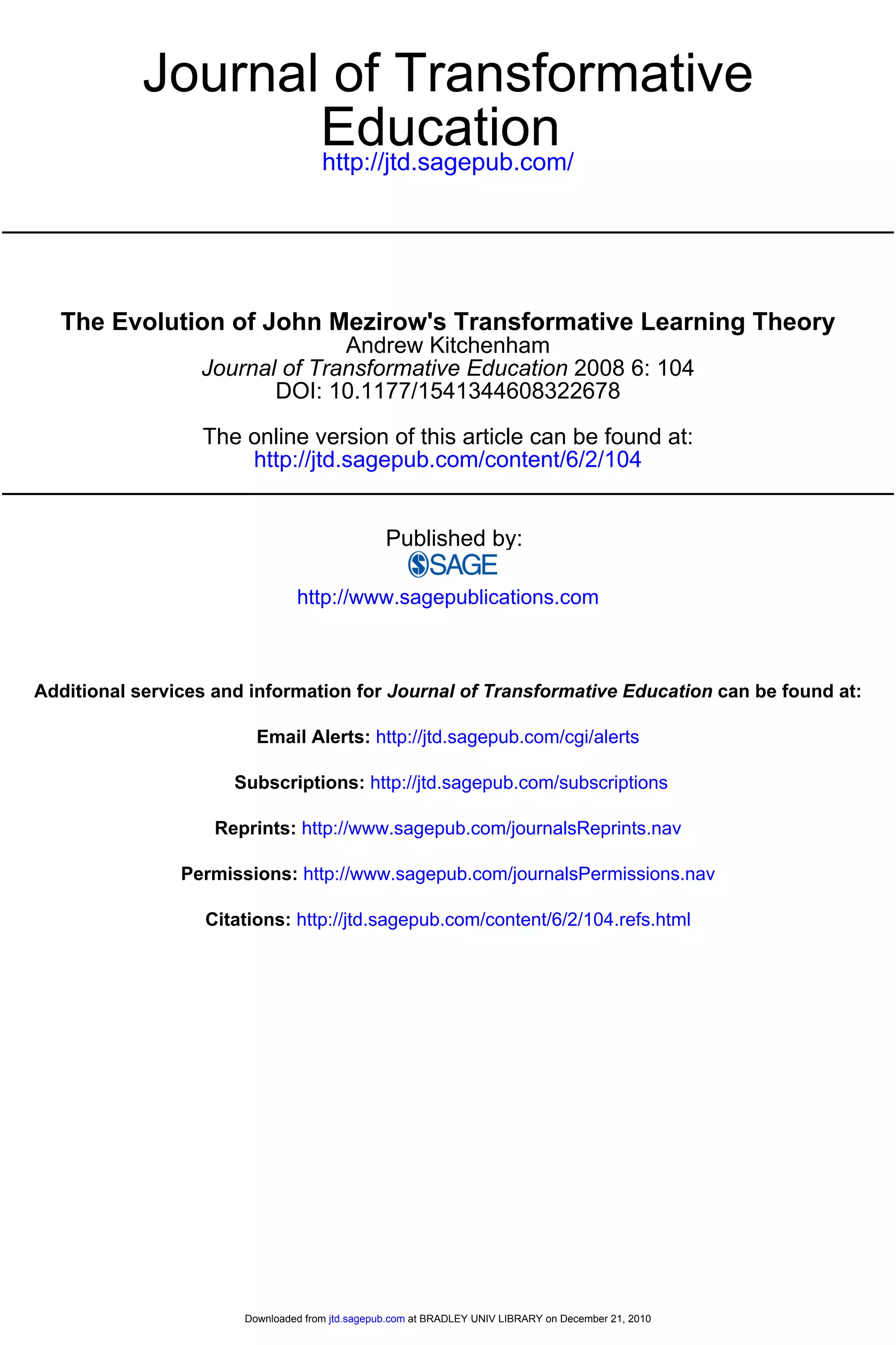 The evolution of john mezirow's transformative learning theory | PDF ...