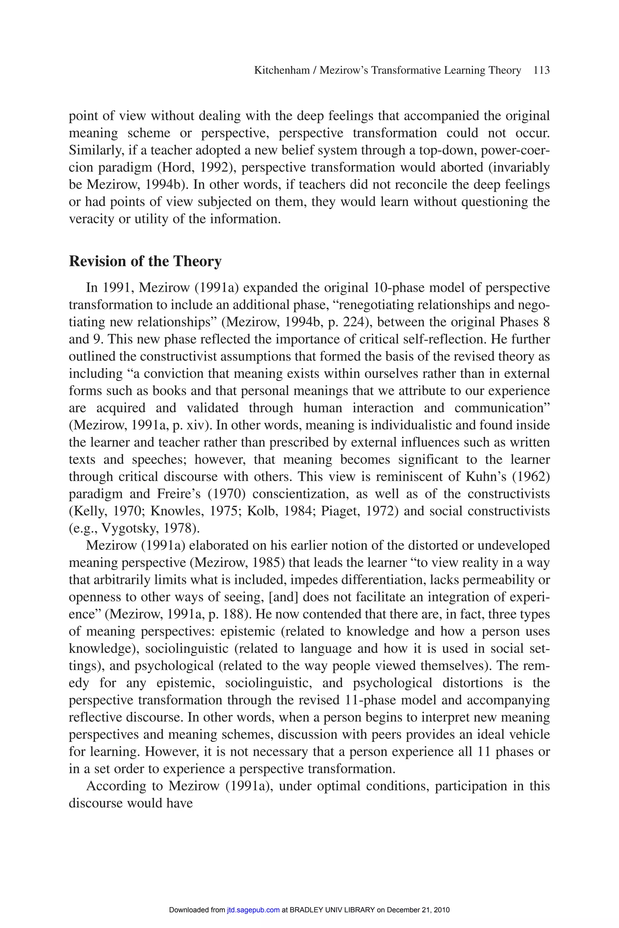 The evolution of john mezirow's transformative learning theory | PDF ...