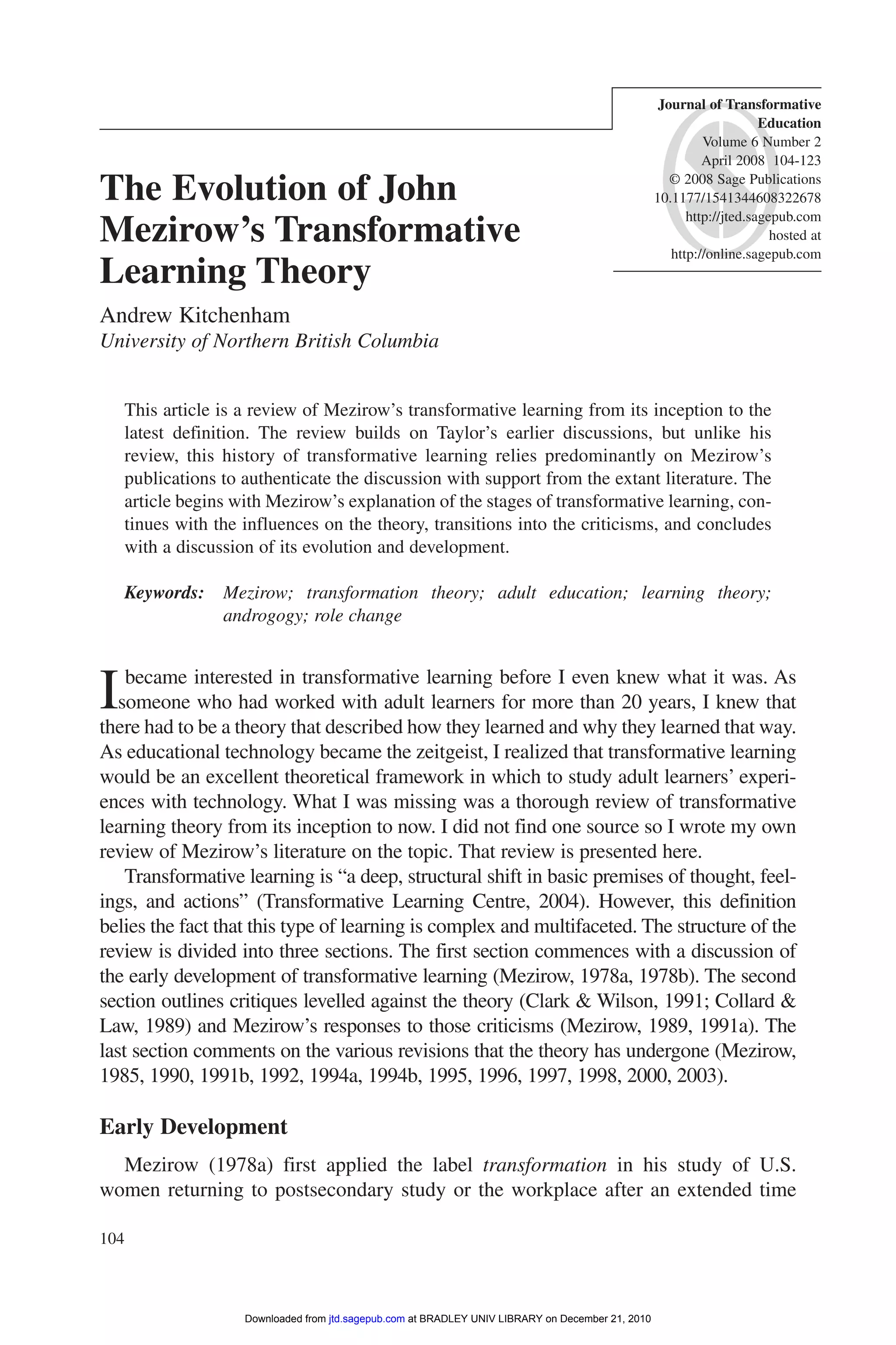 The evolution of john mezirow's transformative learning theory | PDF ...