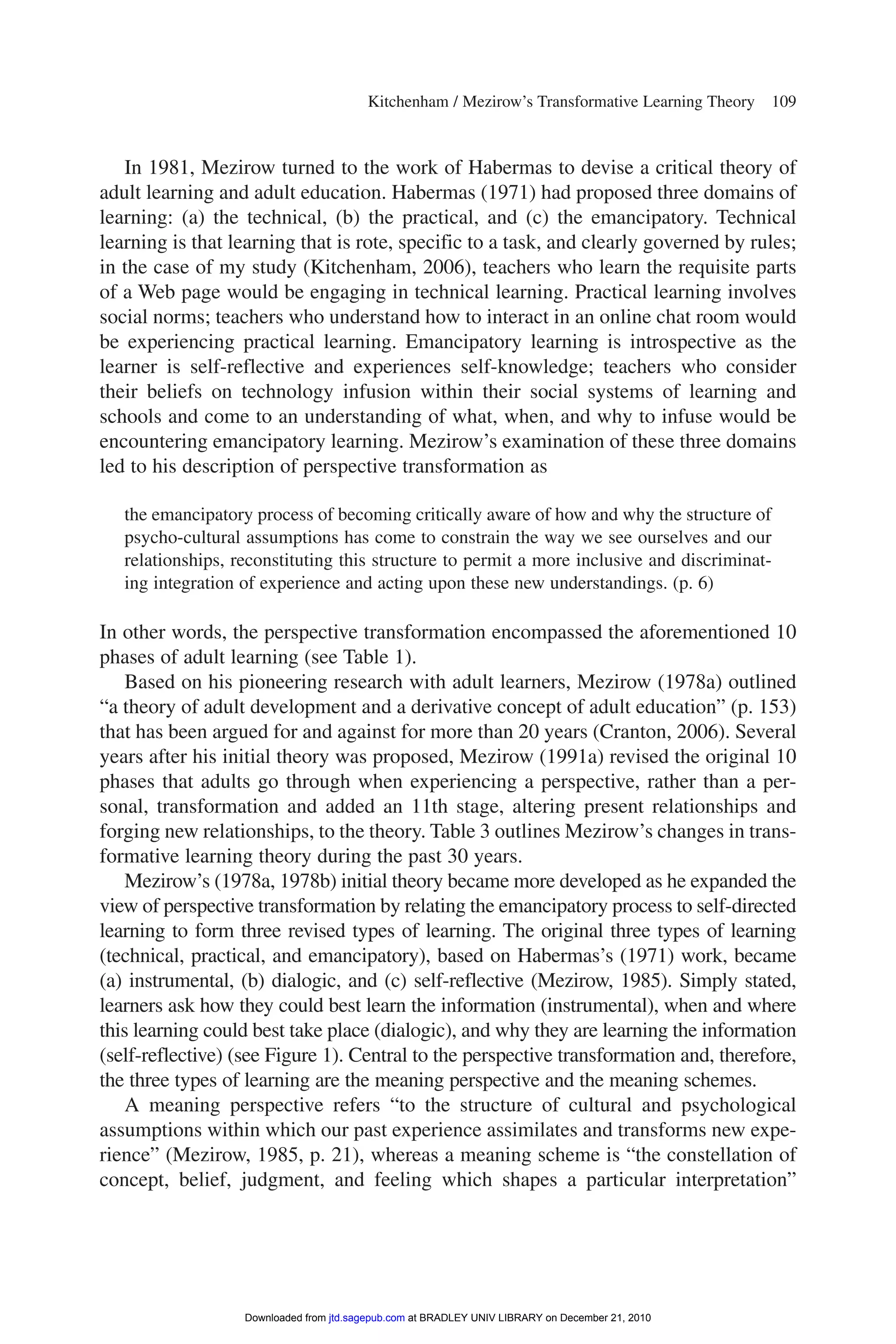 The Evolution Of John Mezirows Transformative Learning Theory Pdf
