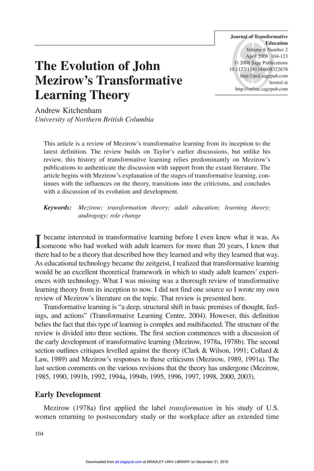 The Evolution Of John Mezirows Transformative Learning Theory