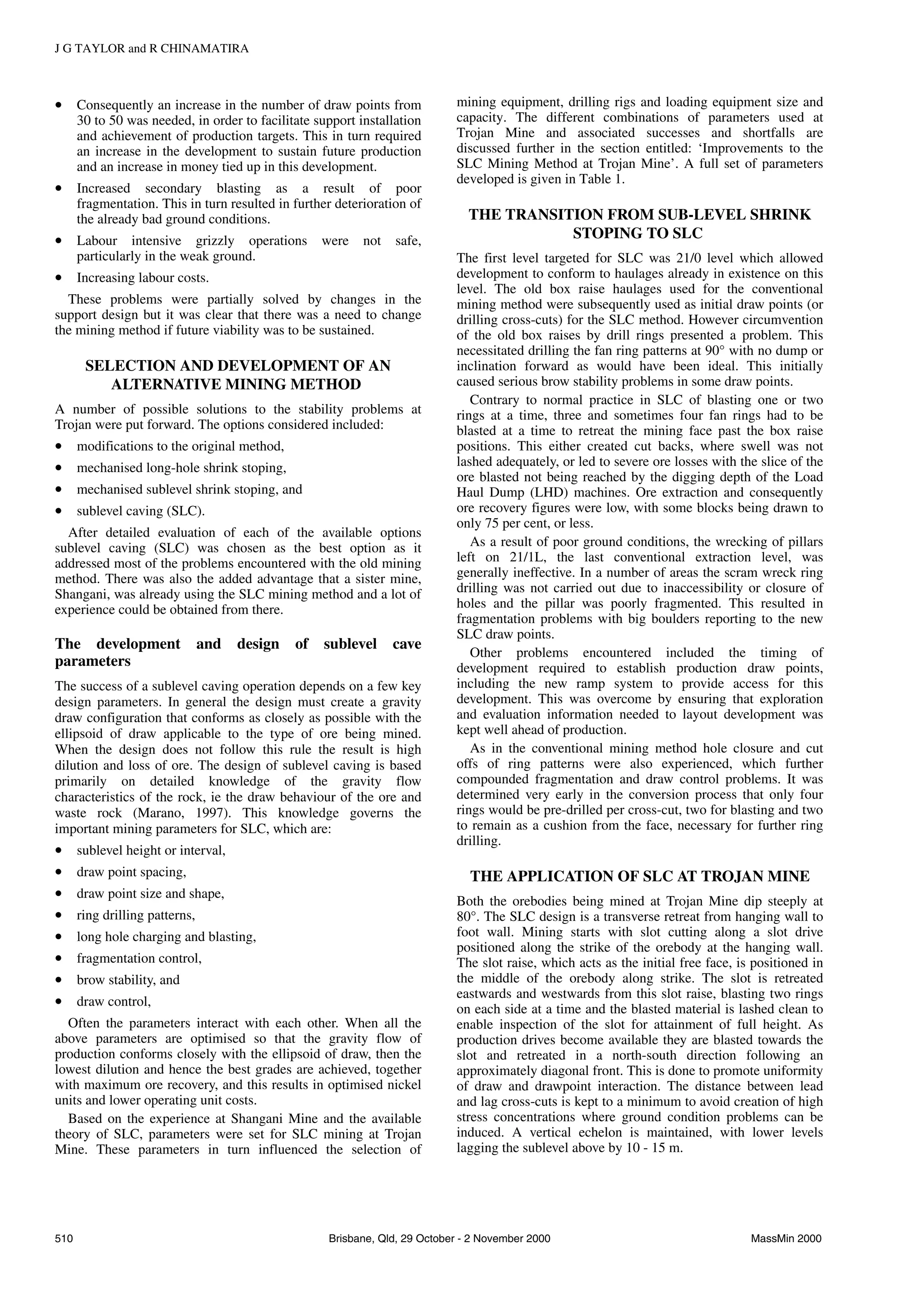 The Evolution of Sublevel Caving at Trojan Mine, Bindura, Zimbabwe, J G ...