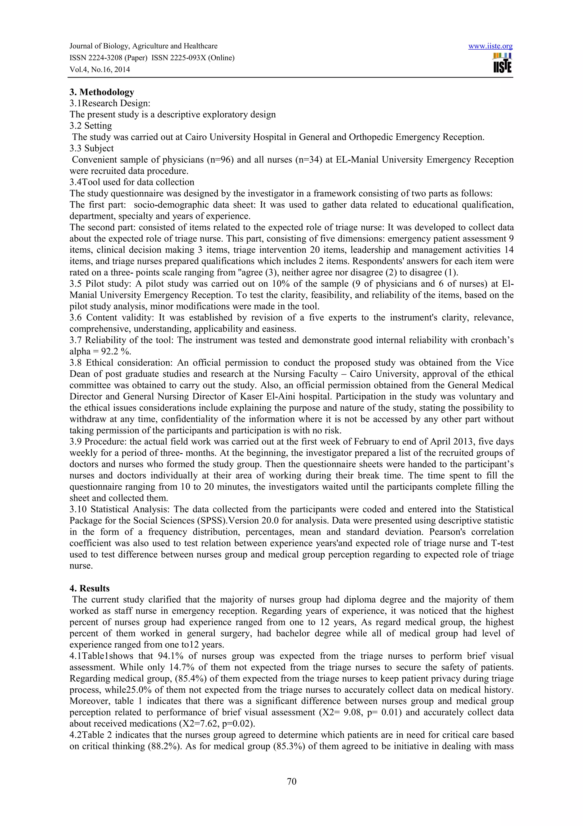 The expected role of triage nurse in emergency reception of a ...