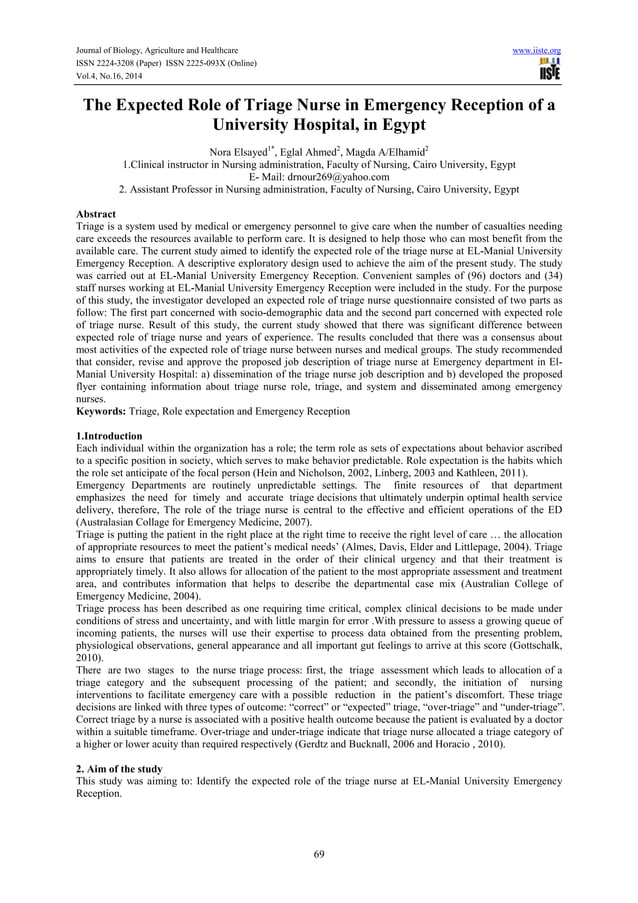The expected role of triage nurse in emergency reception of a ...