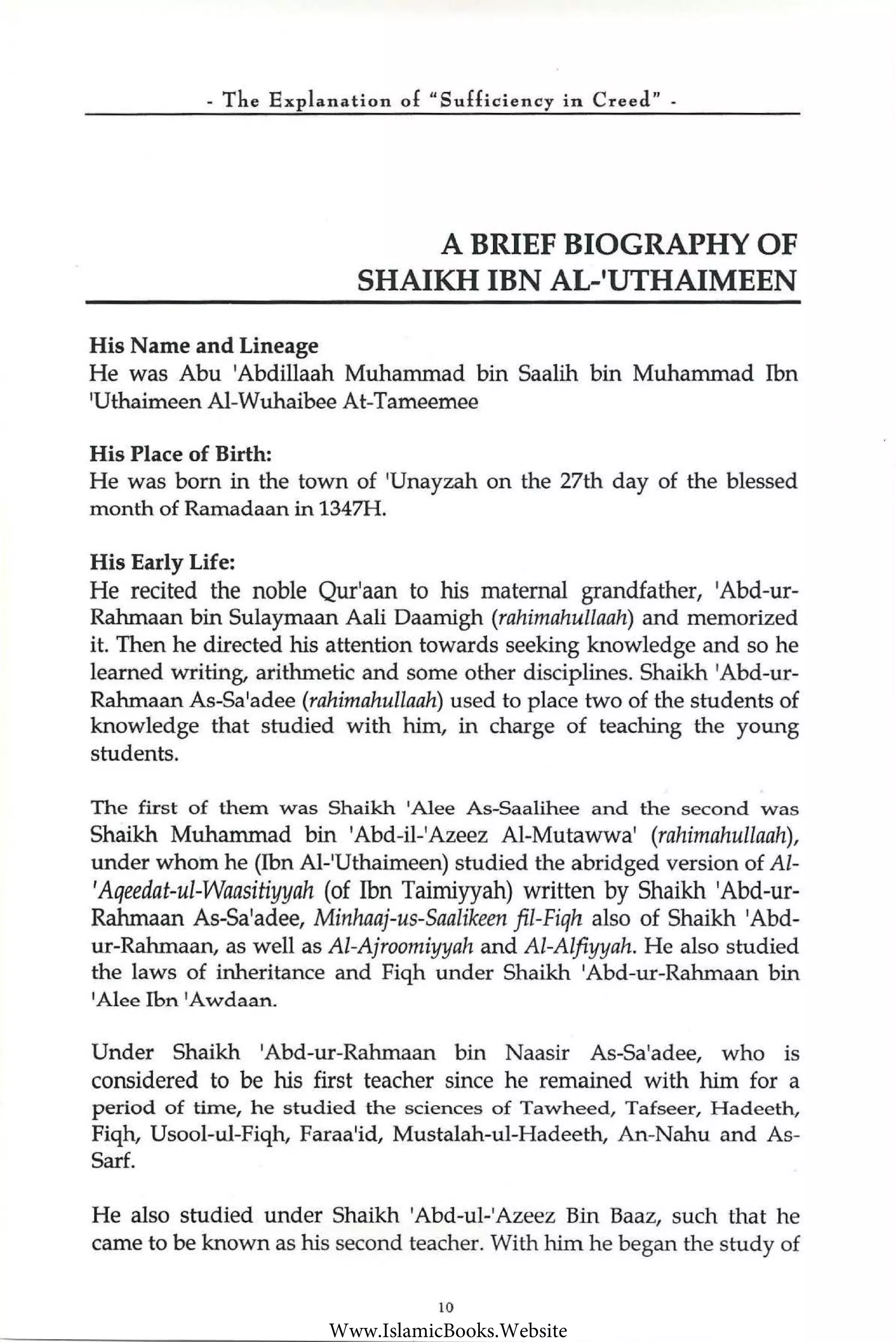 The Explanation of Sufficiency in Creed - 2002 - by Muhammad Ibn Saalih ...