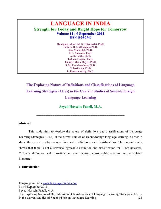 The exploring nature of definitions and classifications of language learning strategies (ll ss ...