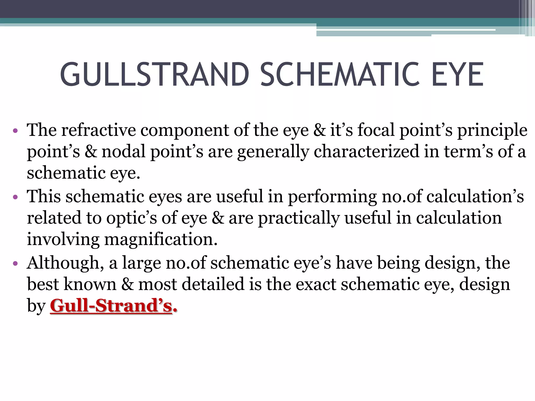 The Optics of Human Eye & Gallstrand schematic eye | PPTX