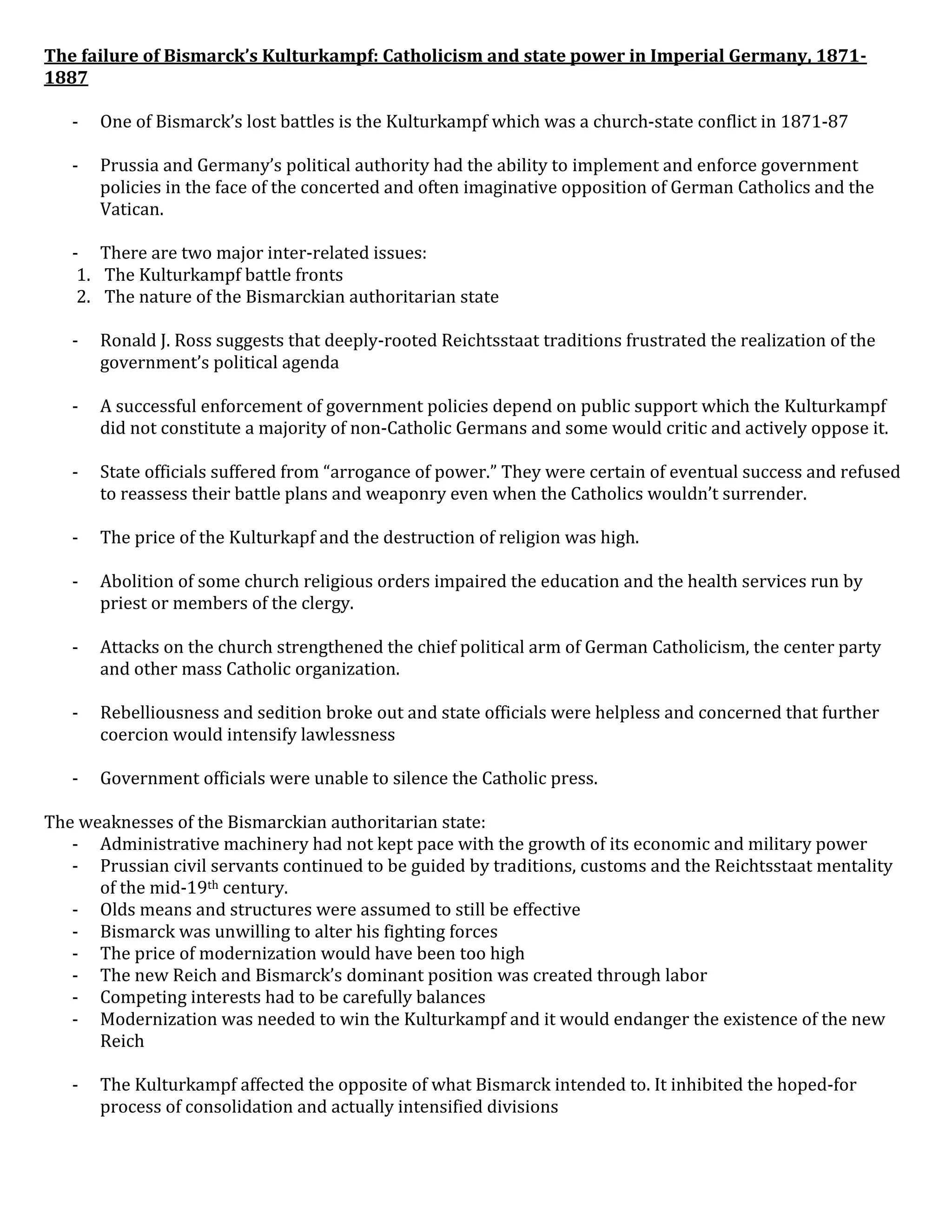 The failure of bismarck’s kulturkampf - social | DOCX
