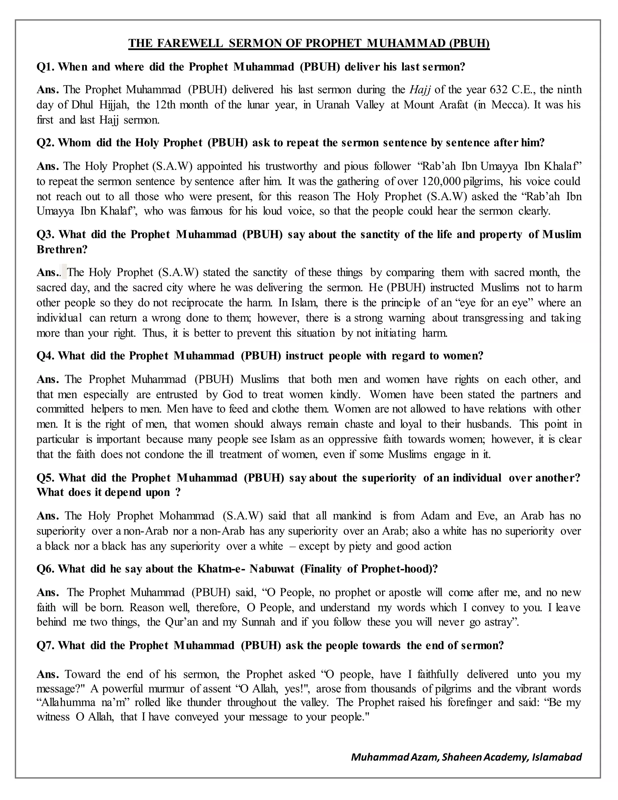 The farewell sermon of Prophet Muhammad (PBUH) | DOCX