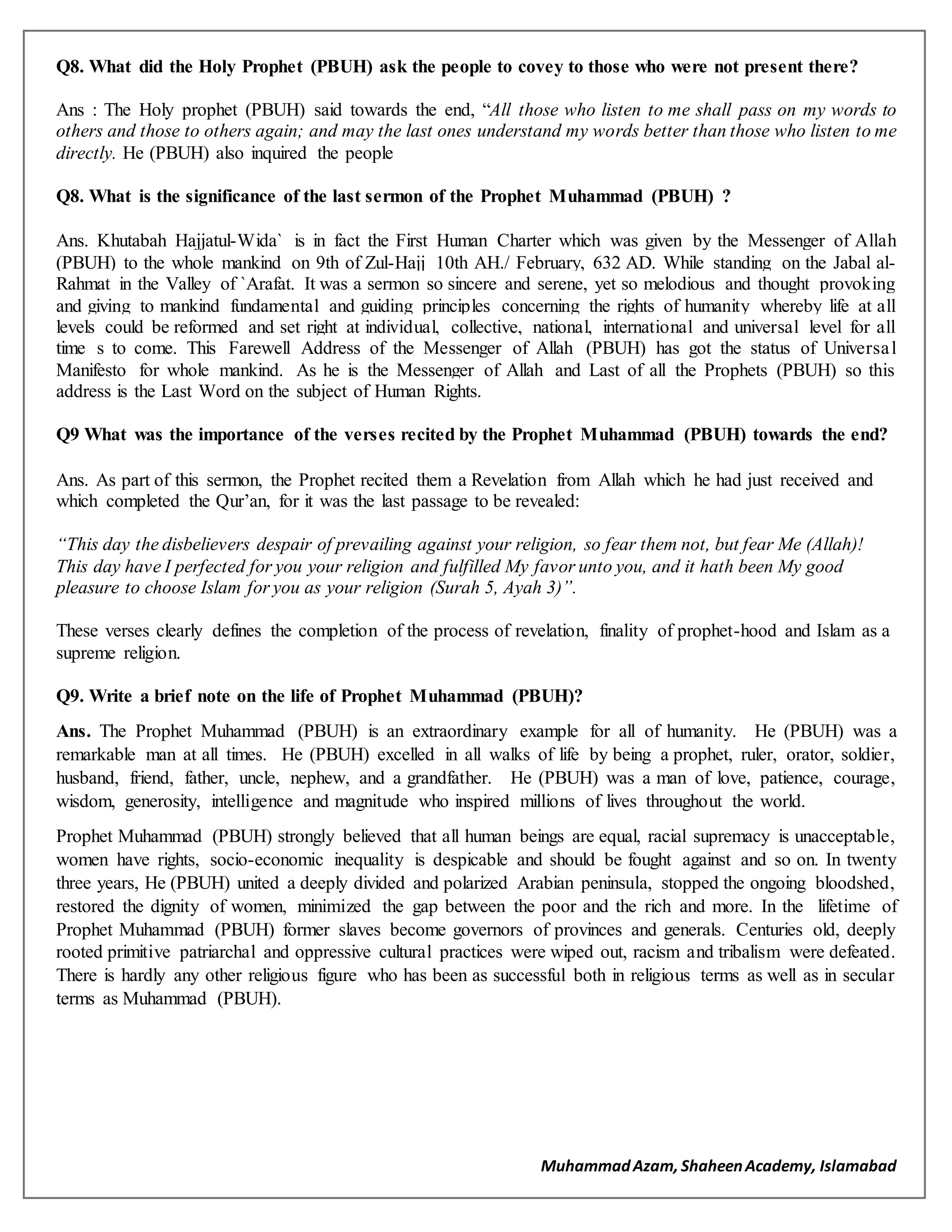 The farewell sermon of Prophet Muhammad (PBUH) | DOCX