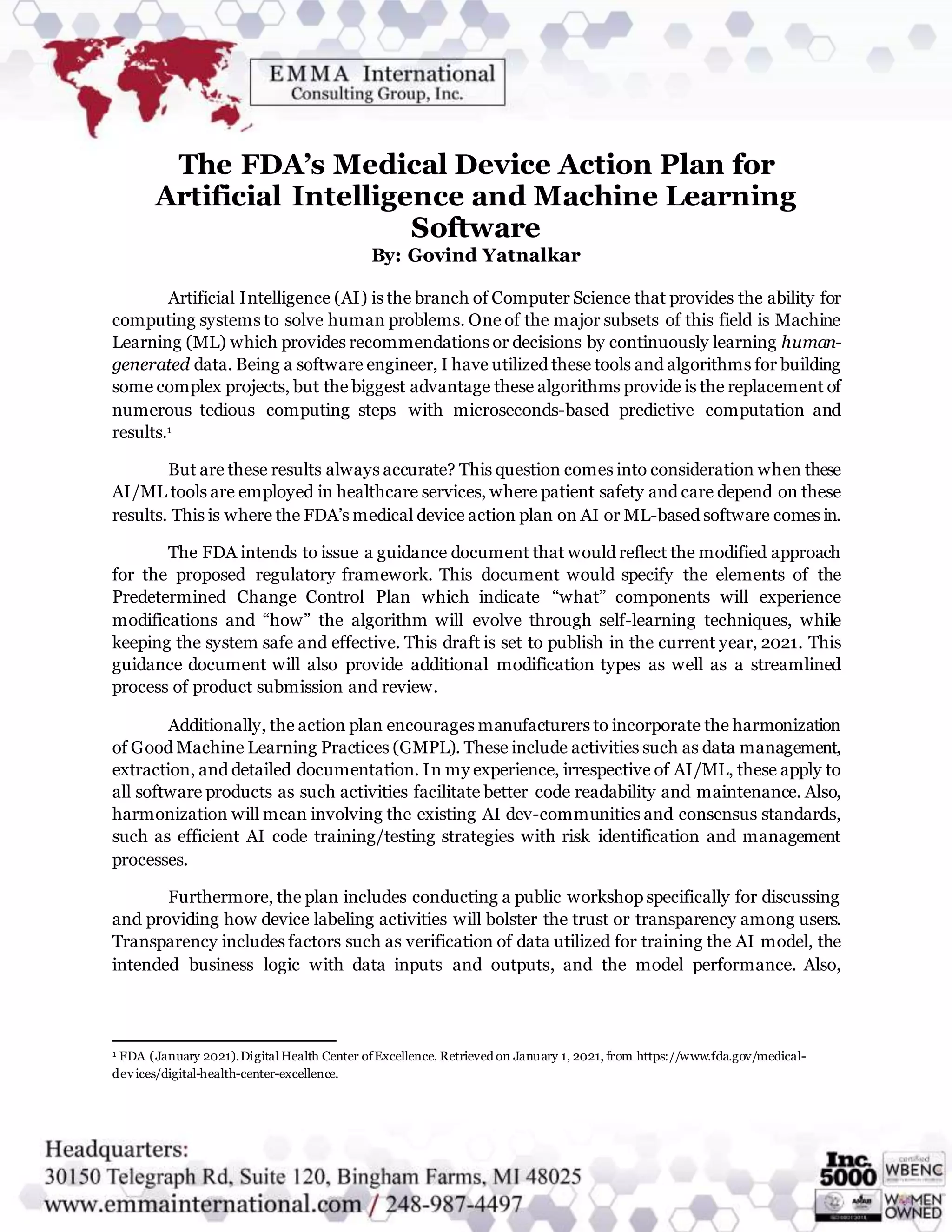 The FDA’s Medical Device Action Plan for Artificial Intelligence and Machine Learning Software ...