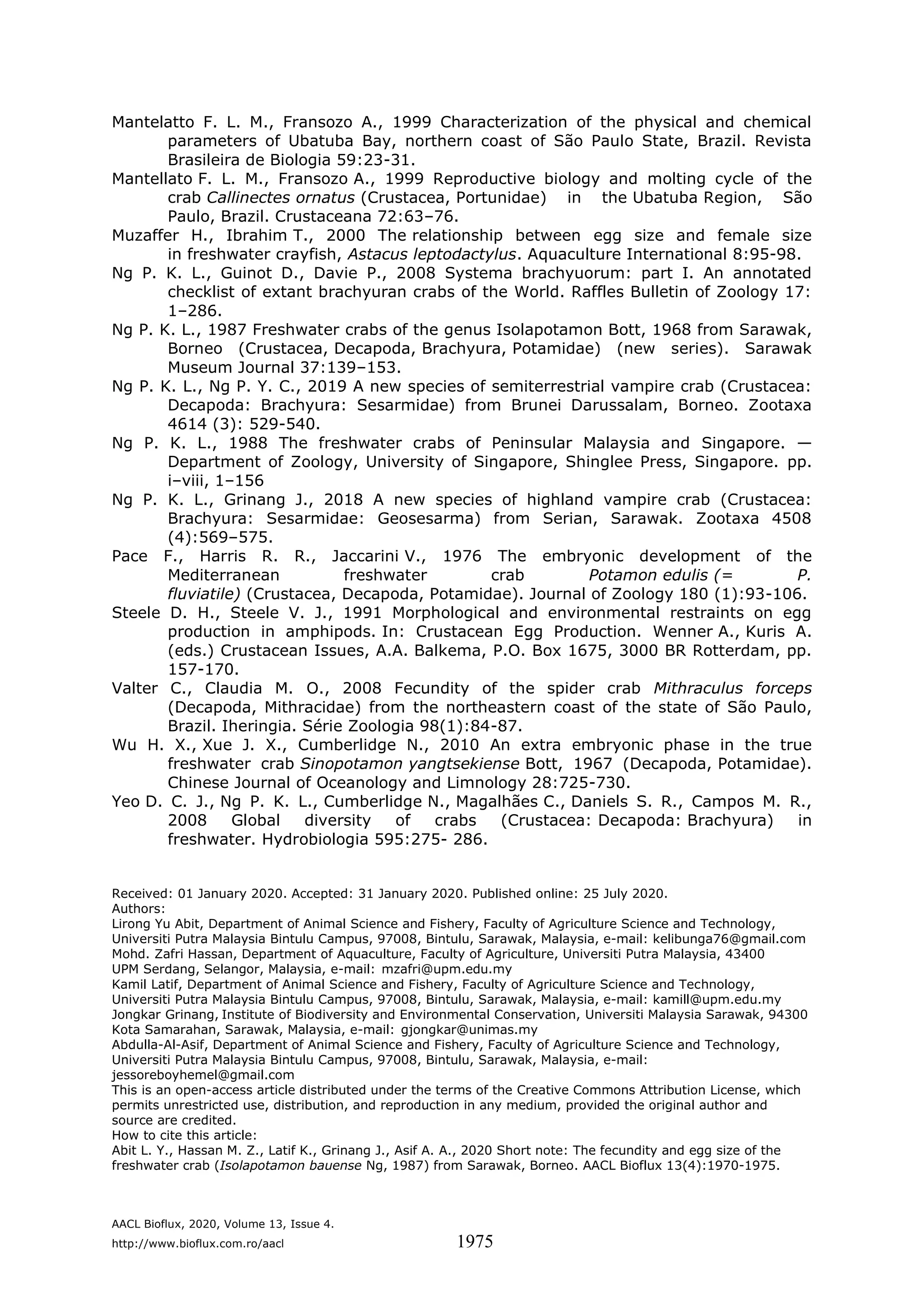 The fecundity and egg size of the freshwater crab (Isolapotamon bauense ...
