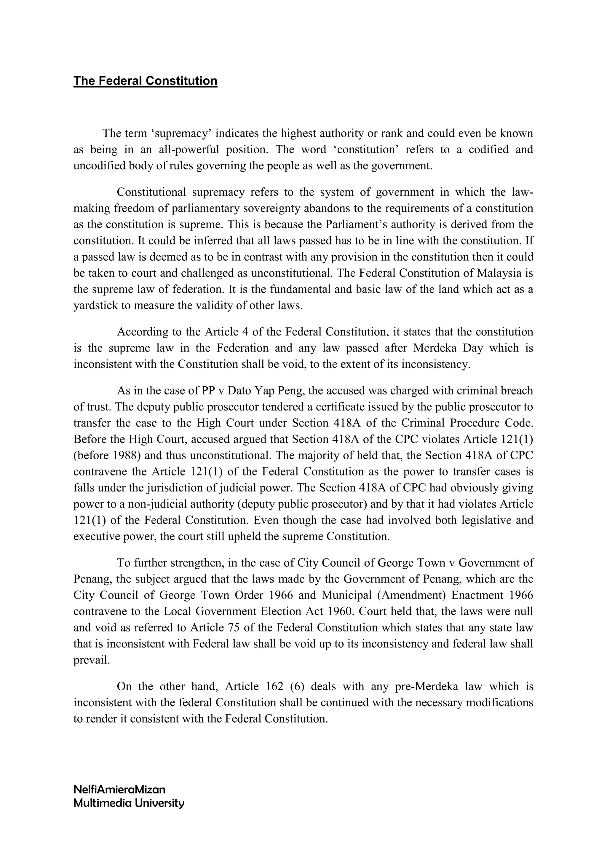 The Supremacy of Federal Constitution of Malaysia | DOCX
