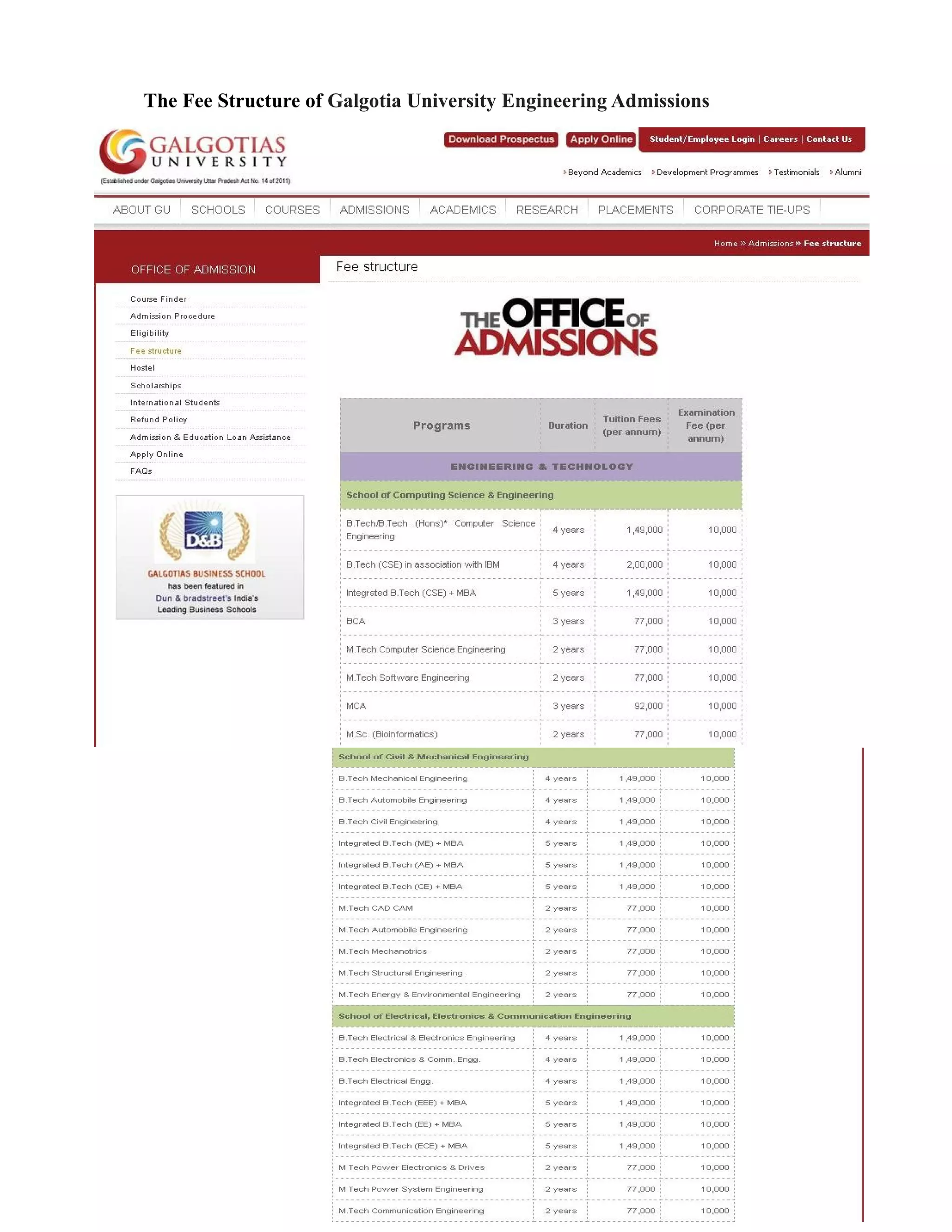 The fee structure of galgotia university engineering admissions | ODT