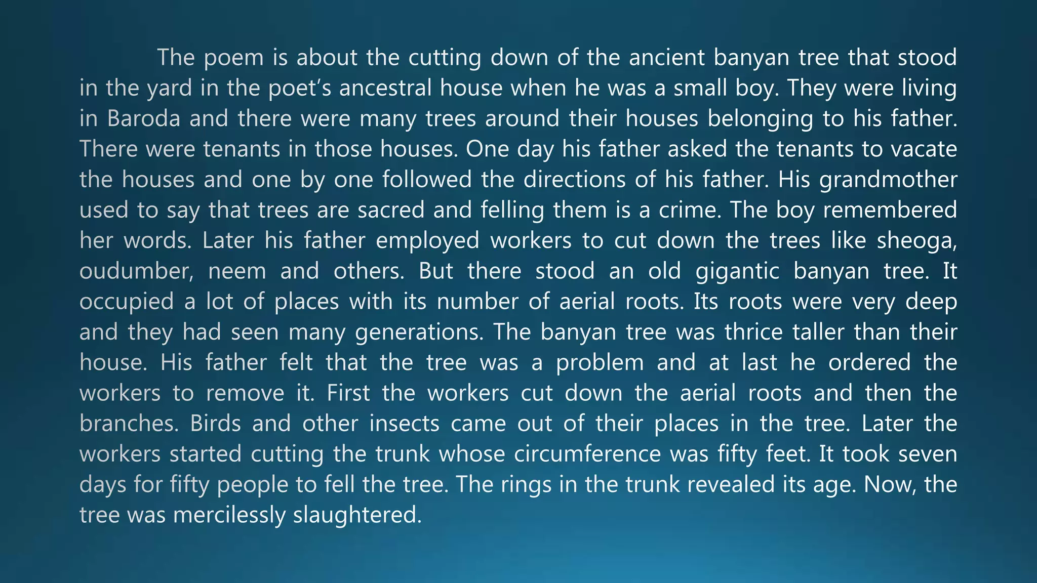 The Felling of the Banyan Tree English Poem Summary. | PPTX