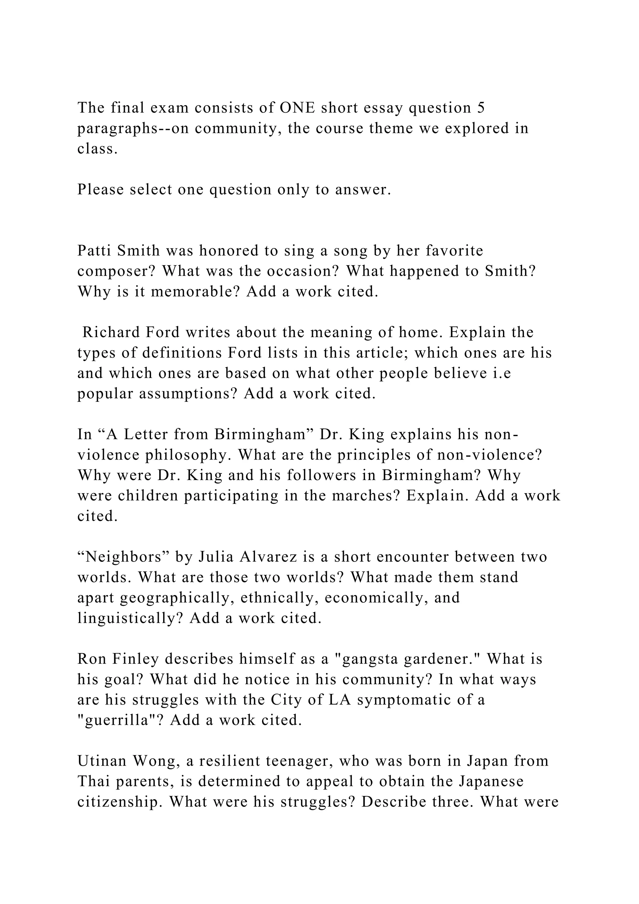 The final exam consists of ONE short essay question 5 paragraphs--on.docx