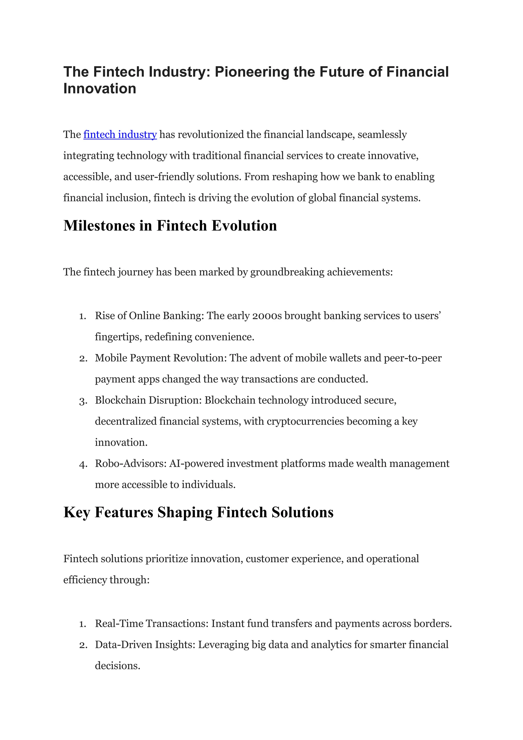 The Fintech Industry: Pioneering the Future of Financial Innovation | PDF