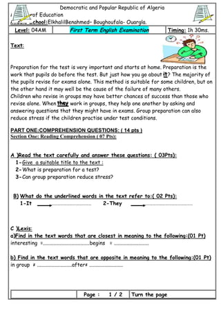 The first term exam 2013 2014 | PDF