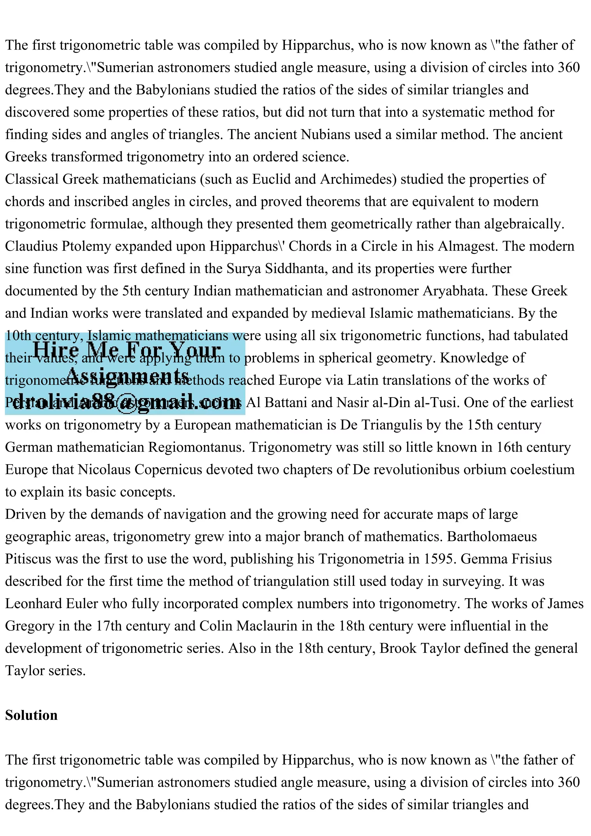 The first trigonometric table was compiled by Hipparchus, who is now.pdf