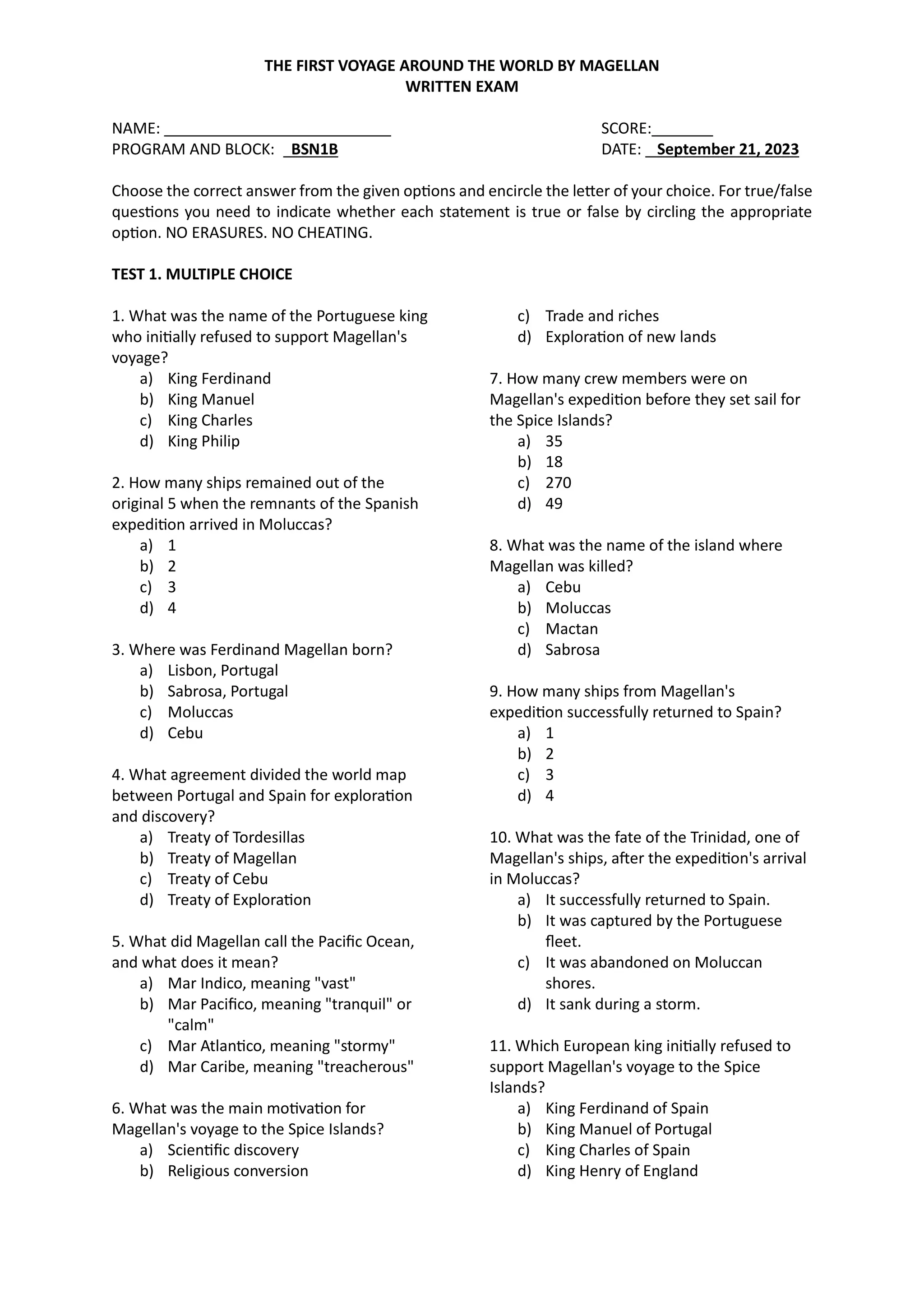THE FIRST VOYAGE AROUND THE WORLD BY MAGELLAN QUIZ.docx