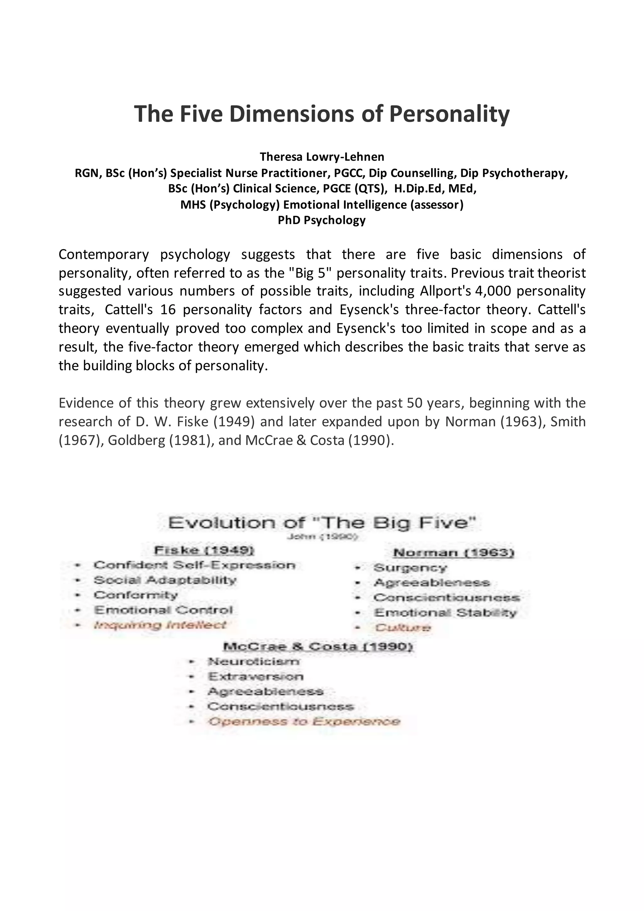 Personality. The five dimensions of personality. By Theresa Lowry ...