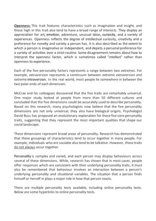 Personality. The five dimensions of personality. By Theresa Lowry ...