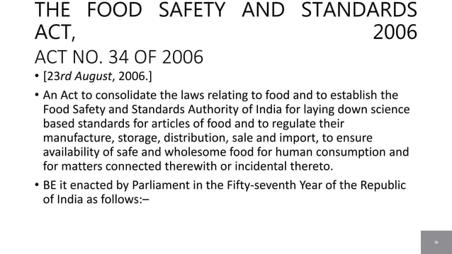The food safety and standards act, 2006 FSSAI Exam 2019 - Session - 1 ...