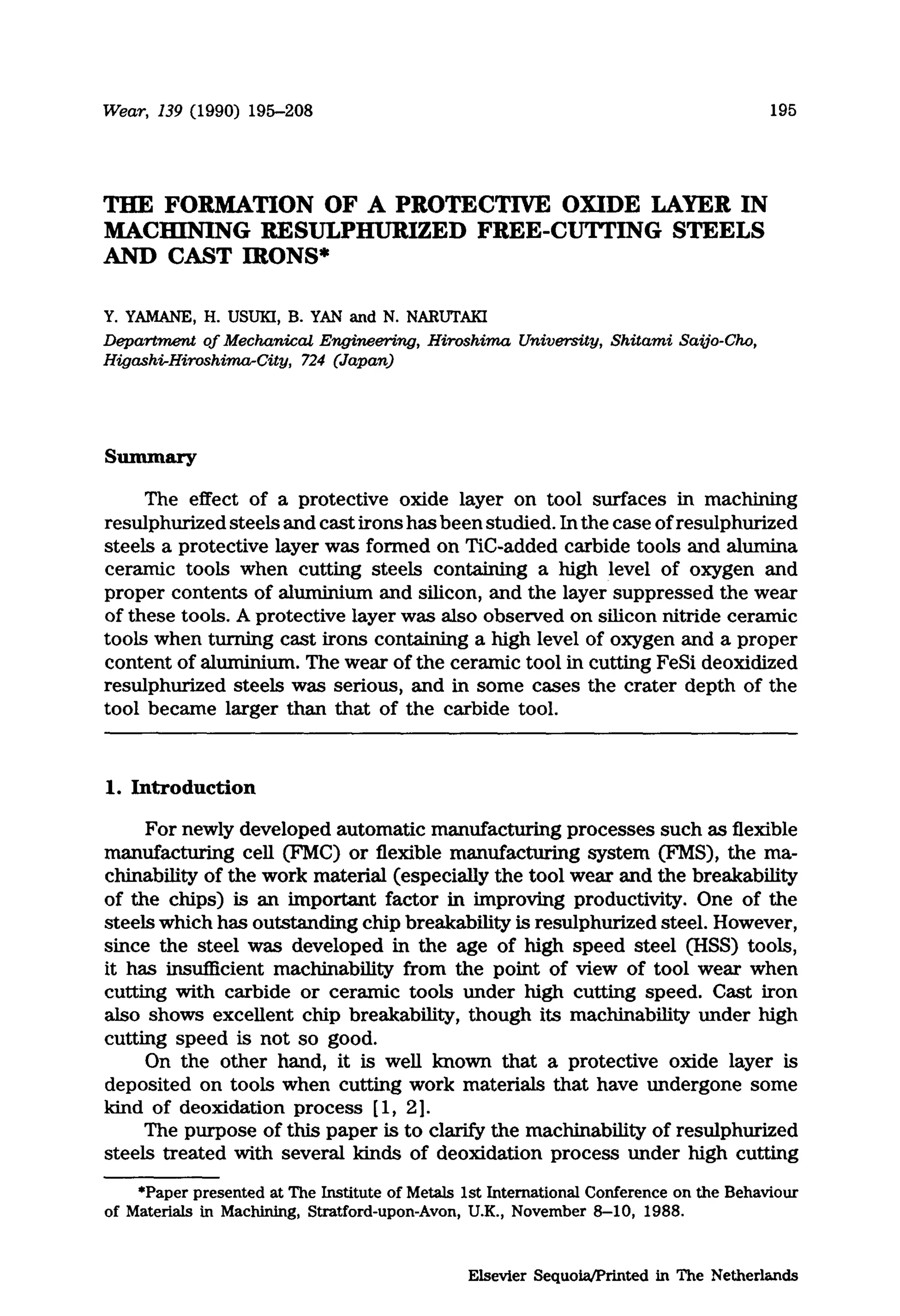 The formation of a protective oxide layer in machining resulphurized ...