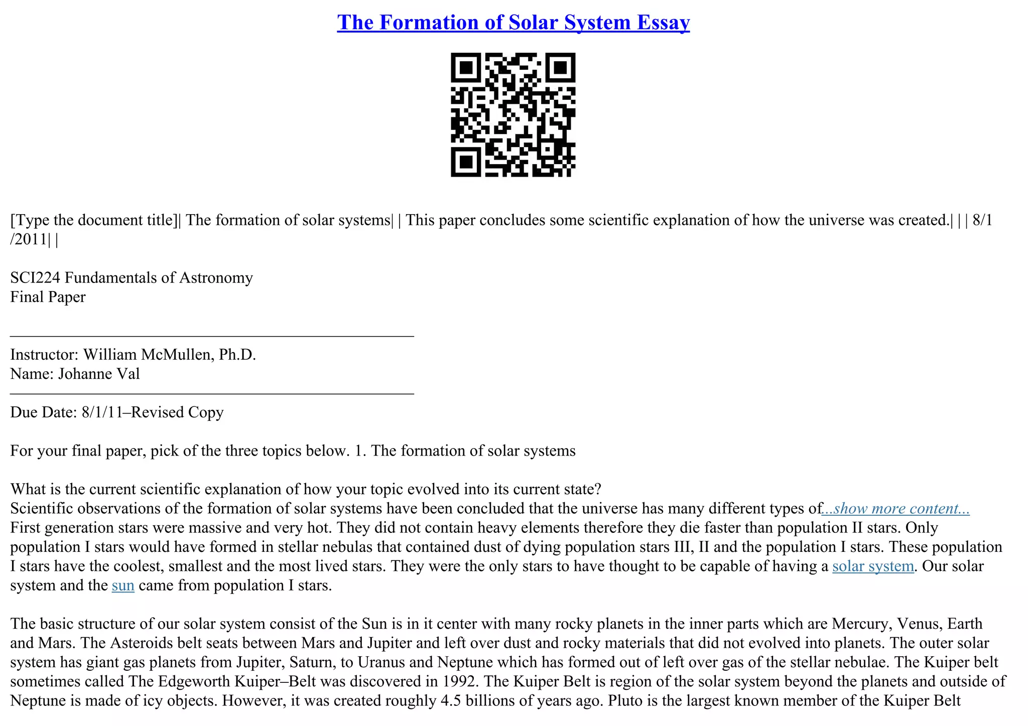 The Formation Of Solar System Essay | PDF | Geography | Science